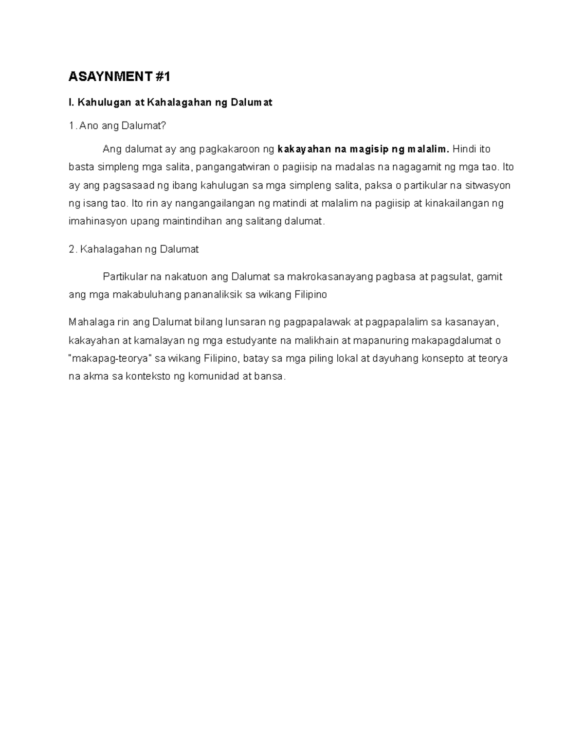 Dalumat Assgnmnt #1 (Pascual, Mark JB) - ASAYNMENT I. Kahulugan at ...