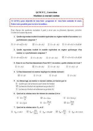 QCM N°1 Correction - Machines Electriques - QCM N°1 - Correction Machines à courant continu Cet ...