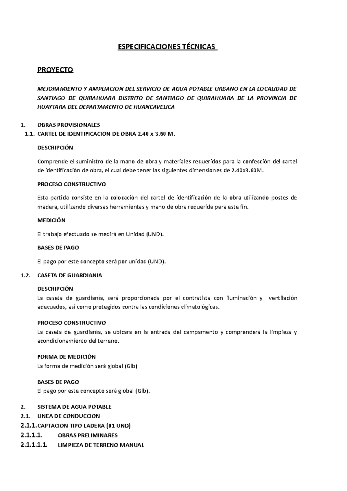 Especificaciones Tecnicas quirahuara nuevo - ESPECIFICACIONES TÉCNICAS PROYECTO MEJORAMIENTO Y ...