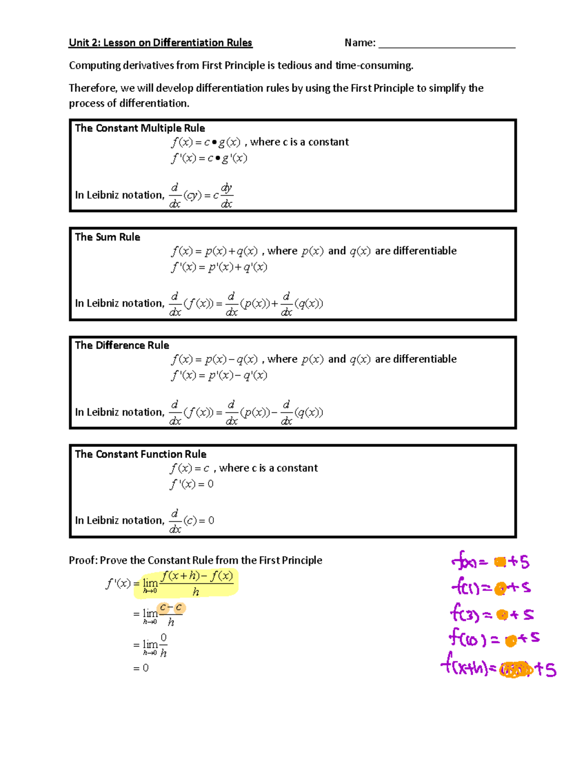 Unit 2 Derivatives Notes Solutions - Unit 2: Lesson on Differentiation ...