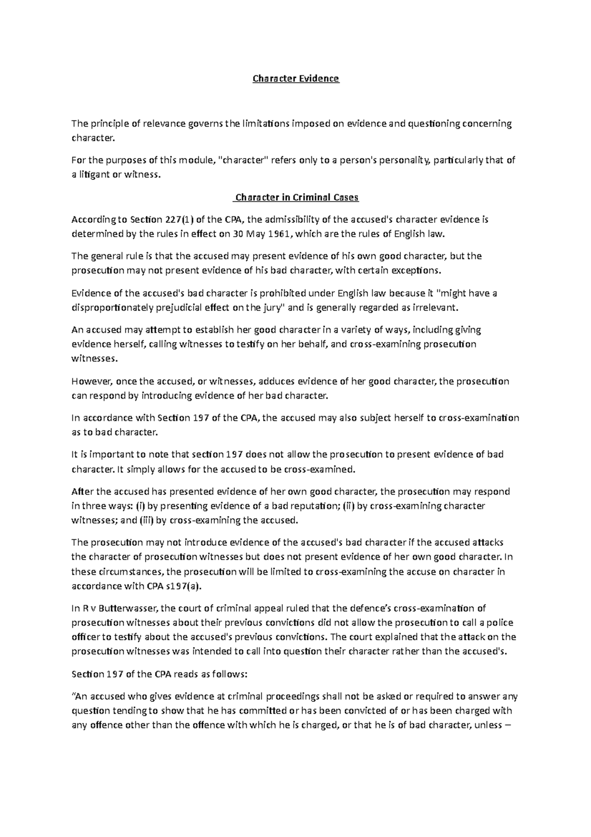 Character Evidence Notes - Character Evidence The principle of ...