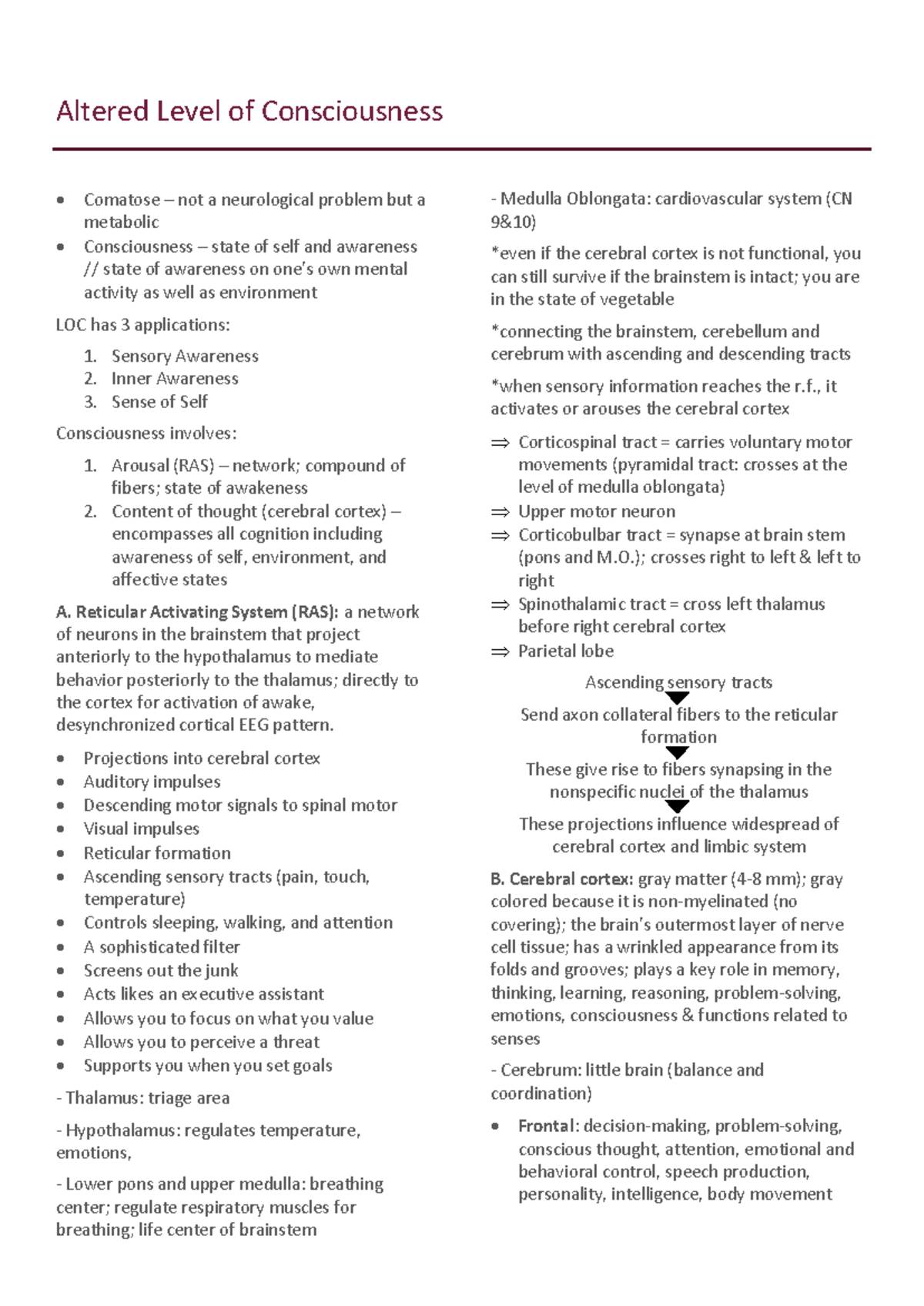 Altered LOC ICP Notes complete - Altered Level of Consciousness ...