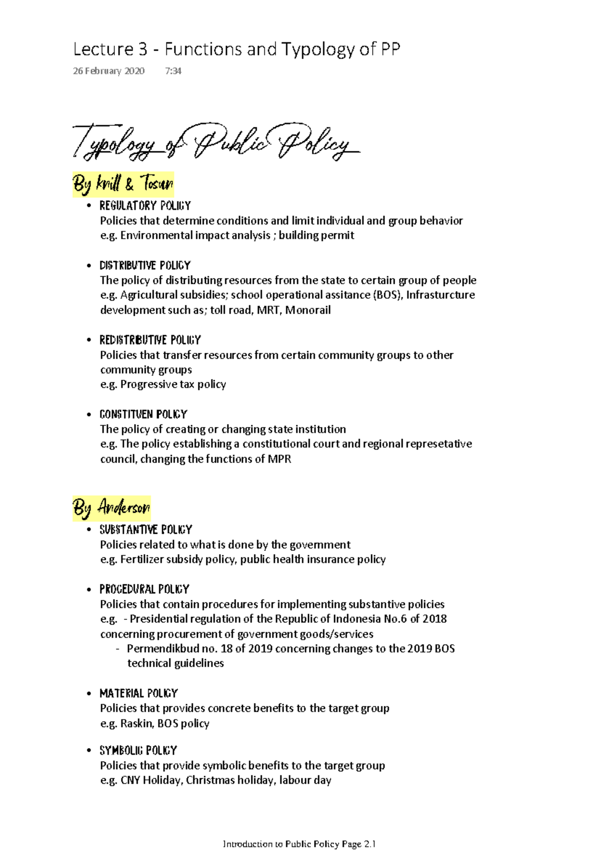 Lecture 3 - Functions and Typology of PP - • Policies that determine ...