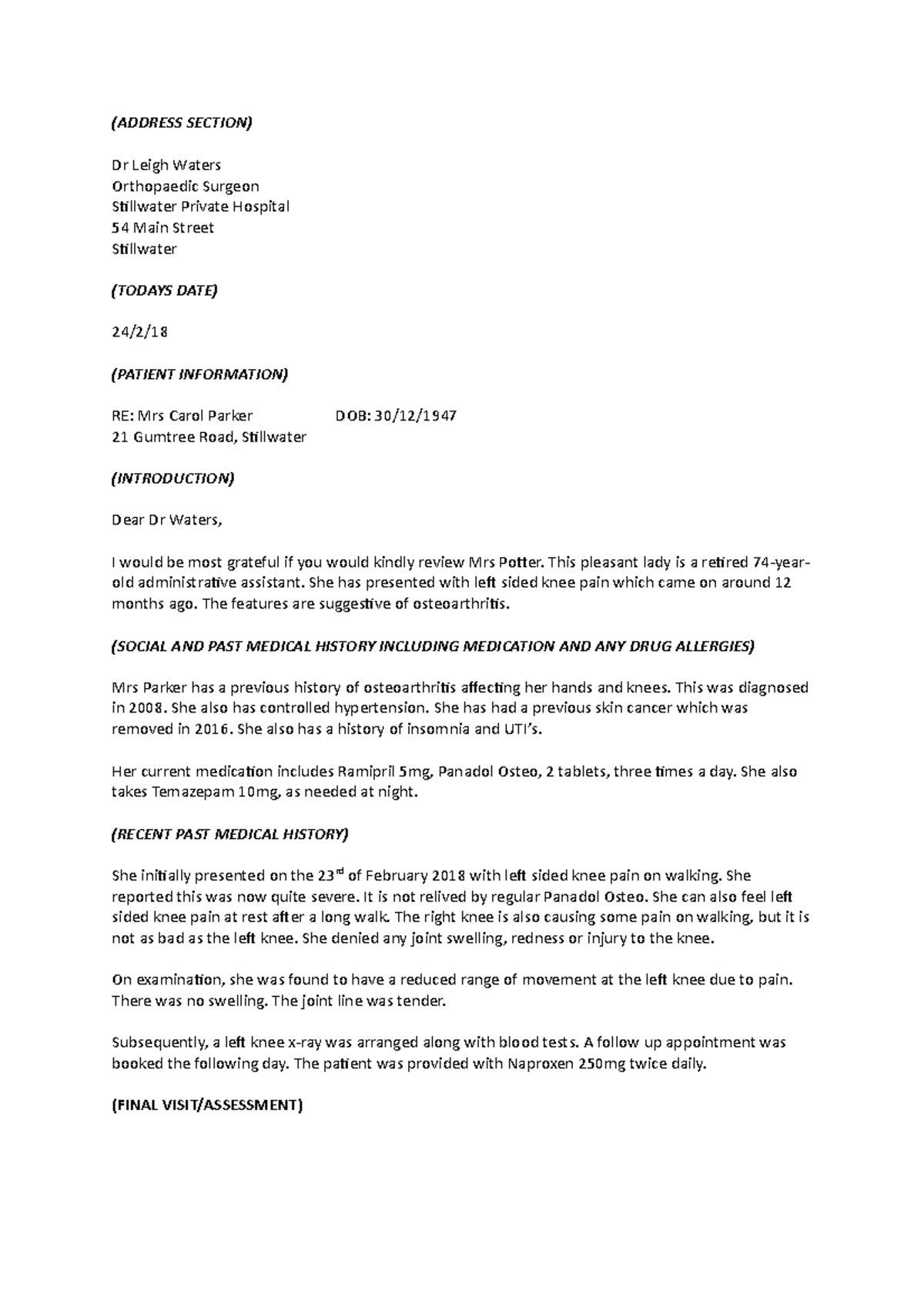 Letter - (ADDRESS SECTION) Dr Leigh WatersOrthopaedic Surgeon ...