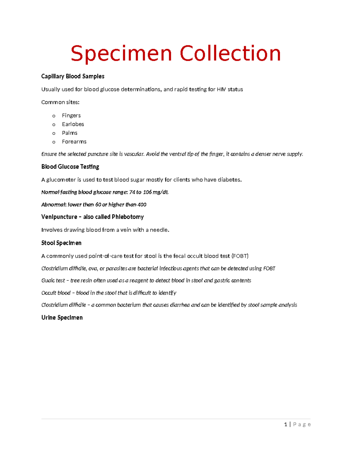 Specimen collection - notes - Specimen Collection Capillary Blood ...