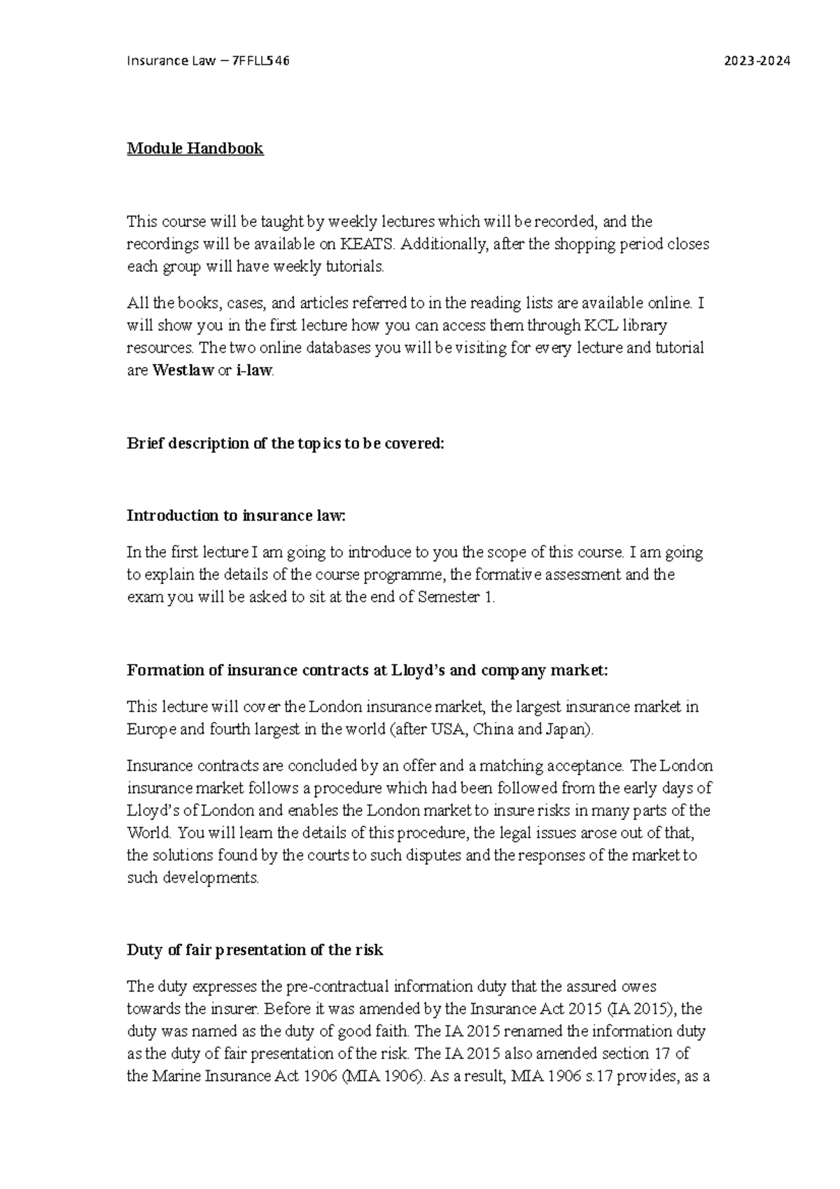 Module Handbook (1) - AGREED PAPER - Insurance Law – 7FFLL546 2023 ...