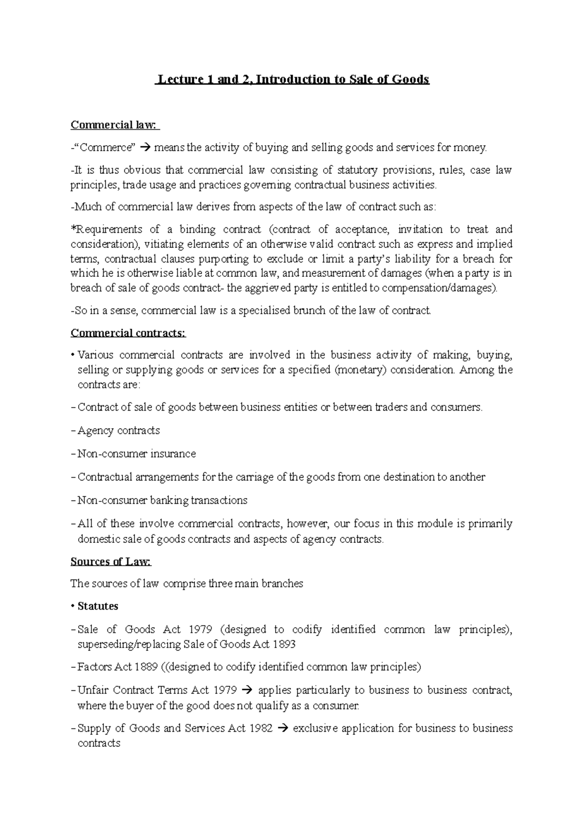 Lectures 1 and 2 Introduction to Sale of Goods Law - Lecture 1 and 2 ...