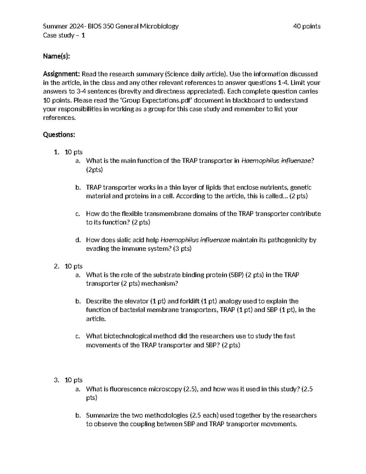 Case study 1 assignment sheet - Summer 2024- BIOS 350 General ...
