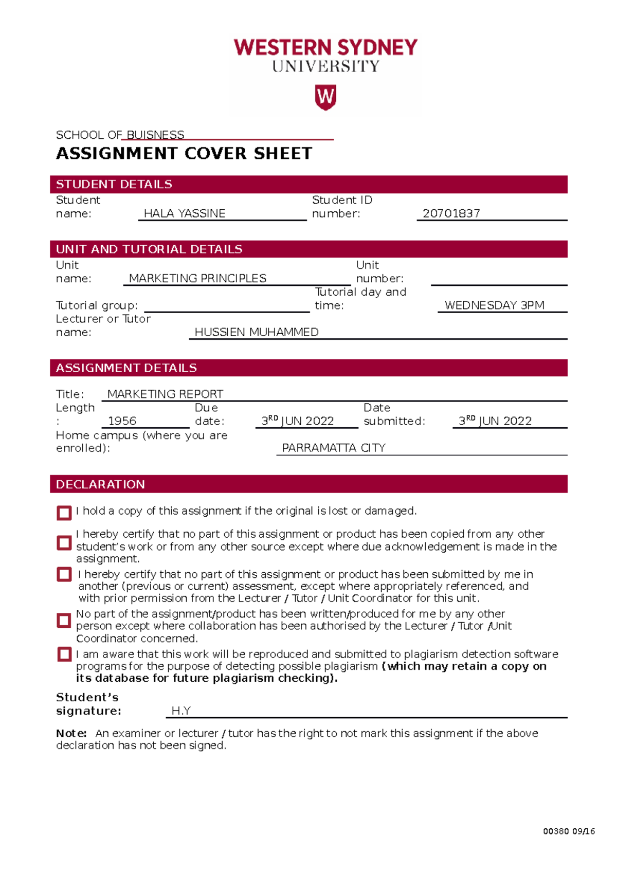 00380 0916 Assignment cover sheet- Fillable online - SCHOOL OF BUISNESS ...