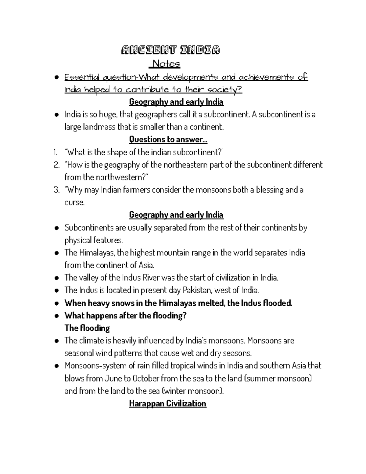 Ancient india notes - Ancient india Notes Essential question-What ...