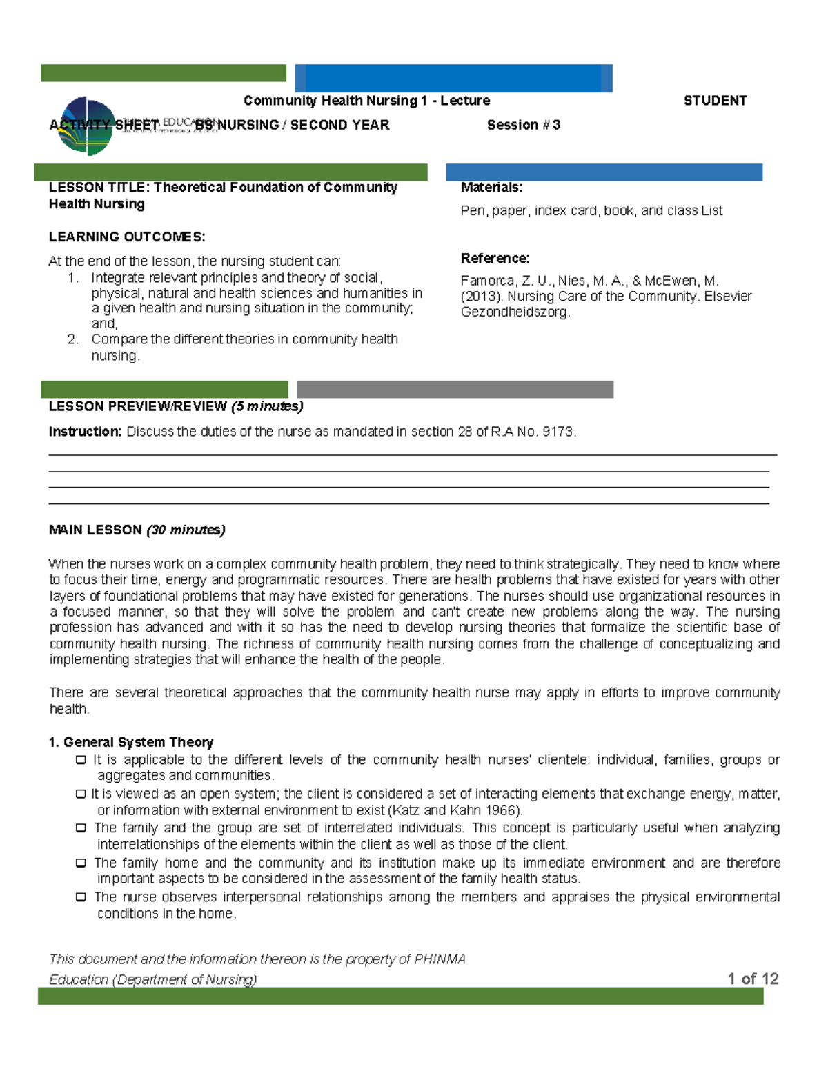 CHN1 Lec Session #3 SAS-1 - Community Health Nursing 1 - Lecture ...