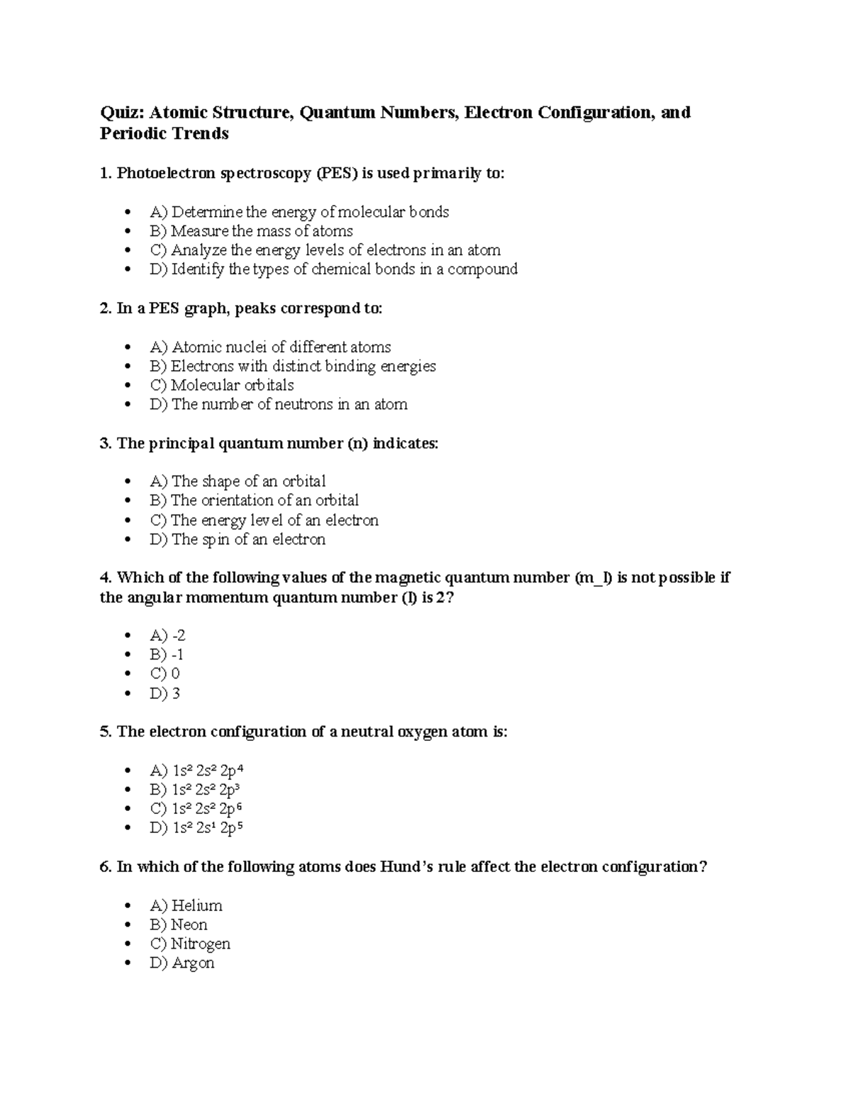 Practice quiz 2 - Quiz: Atomic Structure, Quantum Numbers, Electron ...