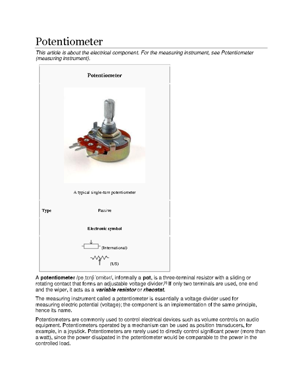 Potentio meter - Lecture notes 2 - Potentiometer This article is about ...