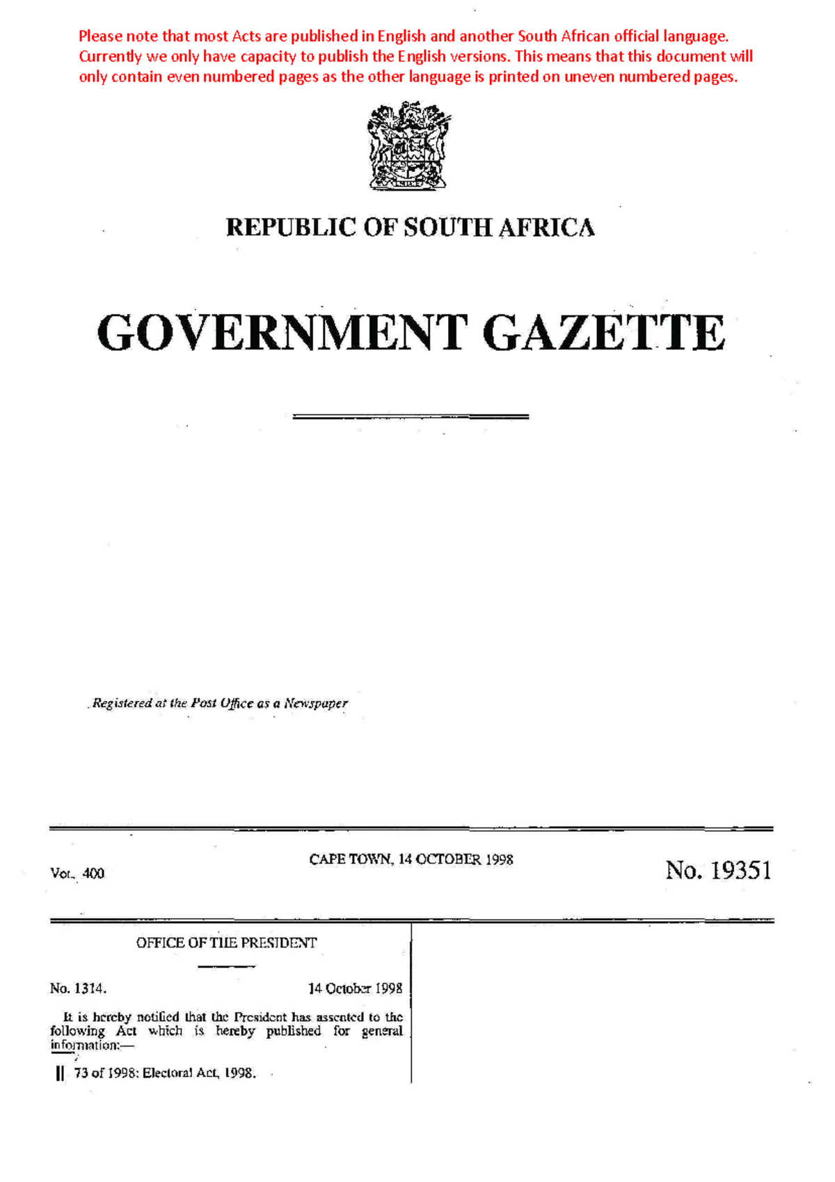 Electoral Act 73 of 1998 ...