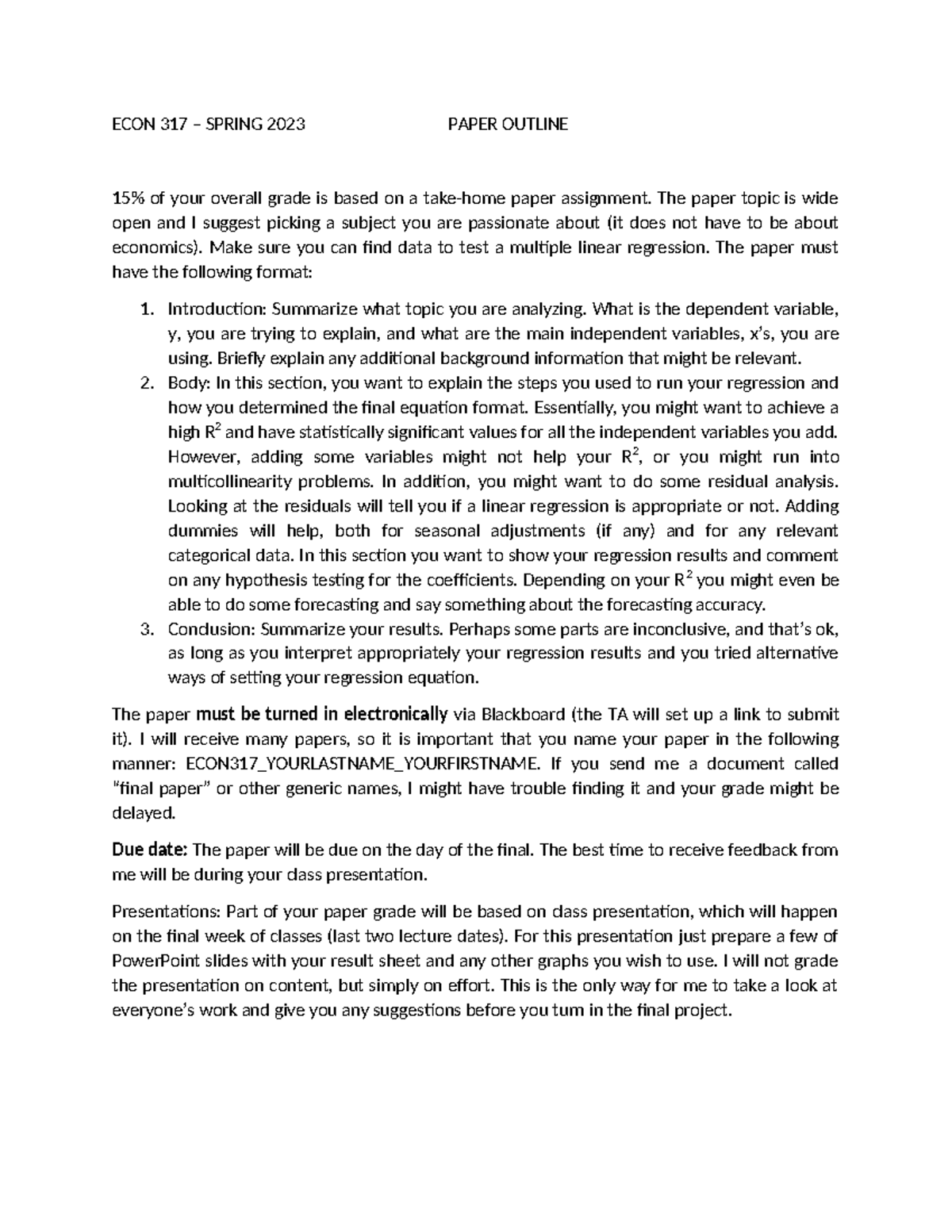 ECON 317 Paper Instructions - ECON 317 – SPRING 2023 PAPER OUTLINE 15% ...
