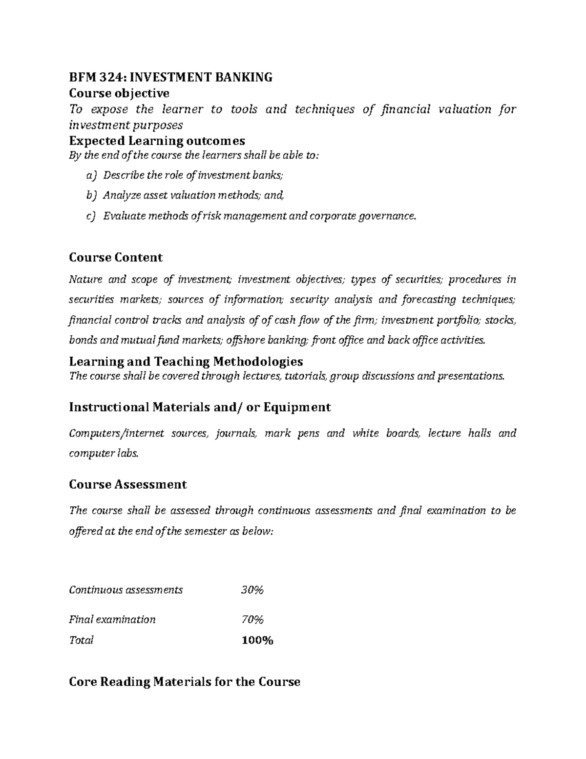 BFM 324 Course Outline - BFM 324: INVESTMENT BANKING Course objective ...