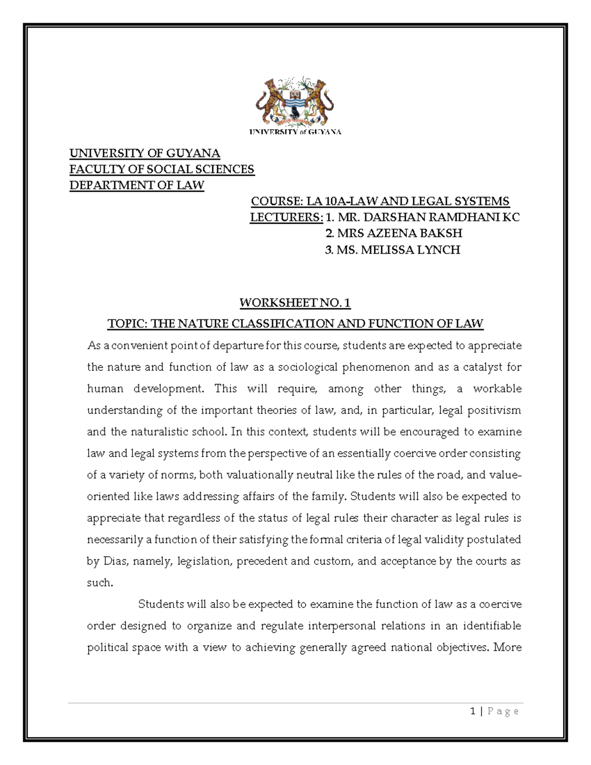 Worksheet 1 - week 1 notes on law and legal systems - 1 | P a g e ...