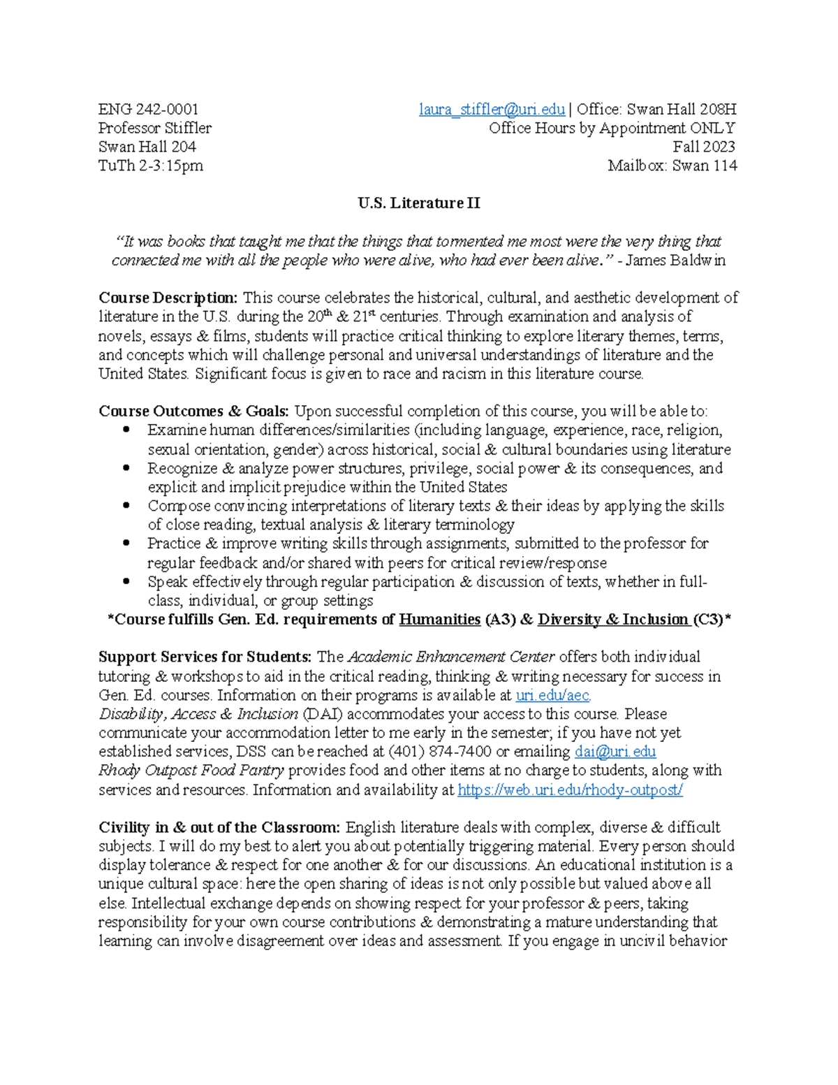 242Syllabus - notes - ENG 242-0001 laura_stiffler@uri | Office: Swan ...