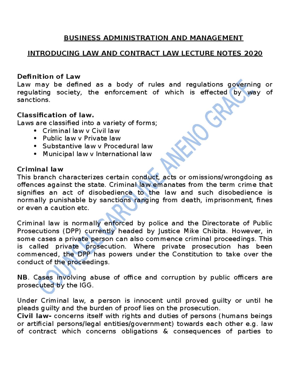 Law of contract and introducing to law - BUSINESS ADMINISTRATION AND MANAGEMENT INTRODUCING LAW ...