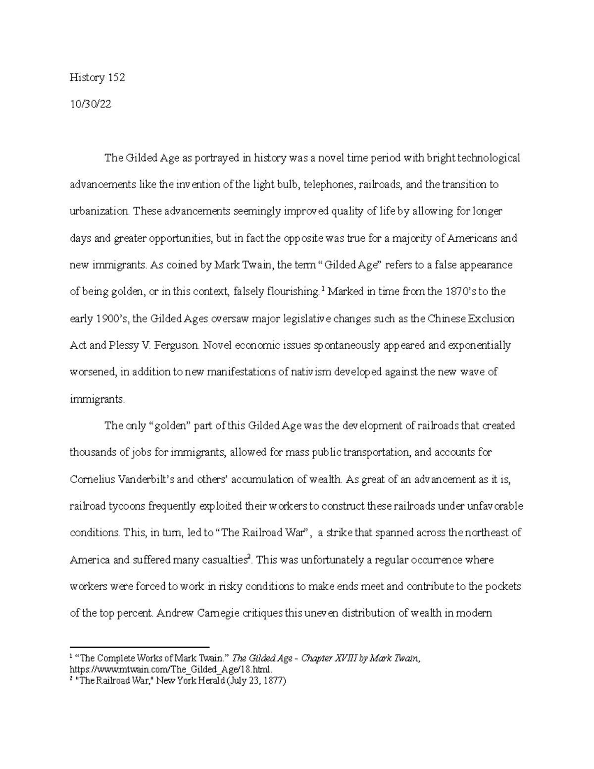 Gilded Age Primary Source Analysis - History 152 10/30/ The Gilded Age ...