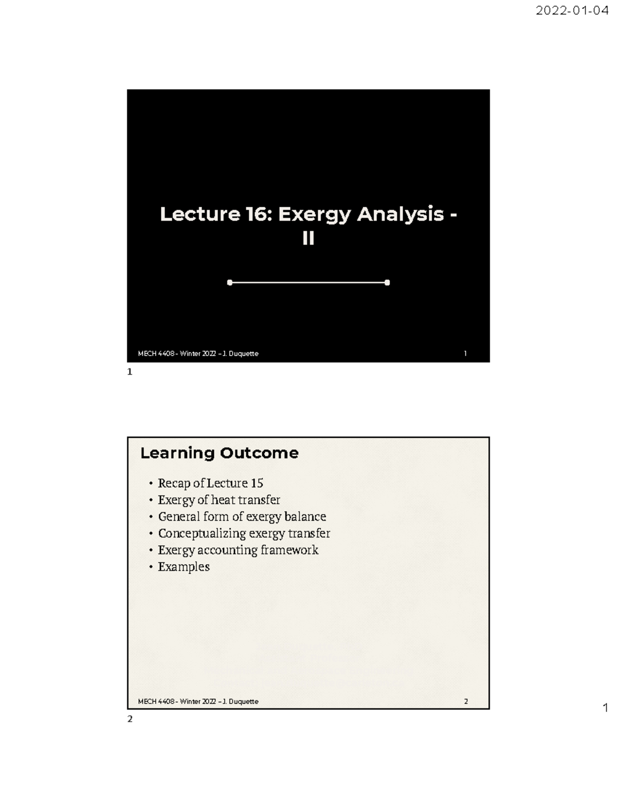 Module 4 Lecture 16 Notes 1 Lecture 16 Exergy Analysis Ii Mech 4408 Winter 2022 J