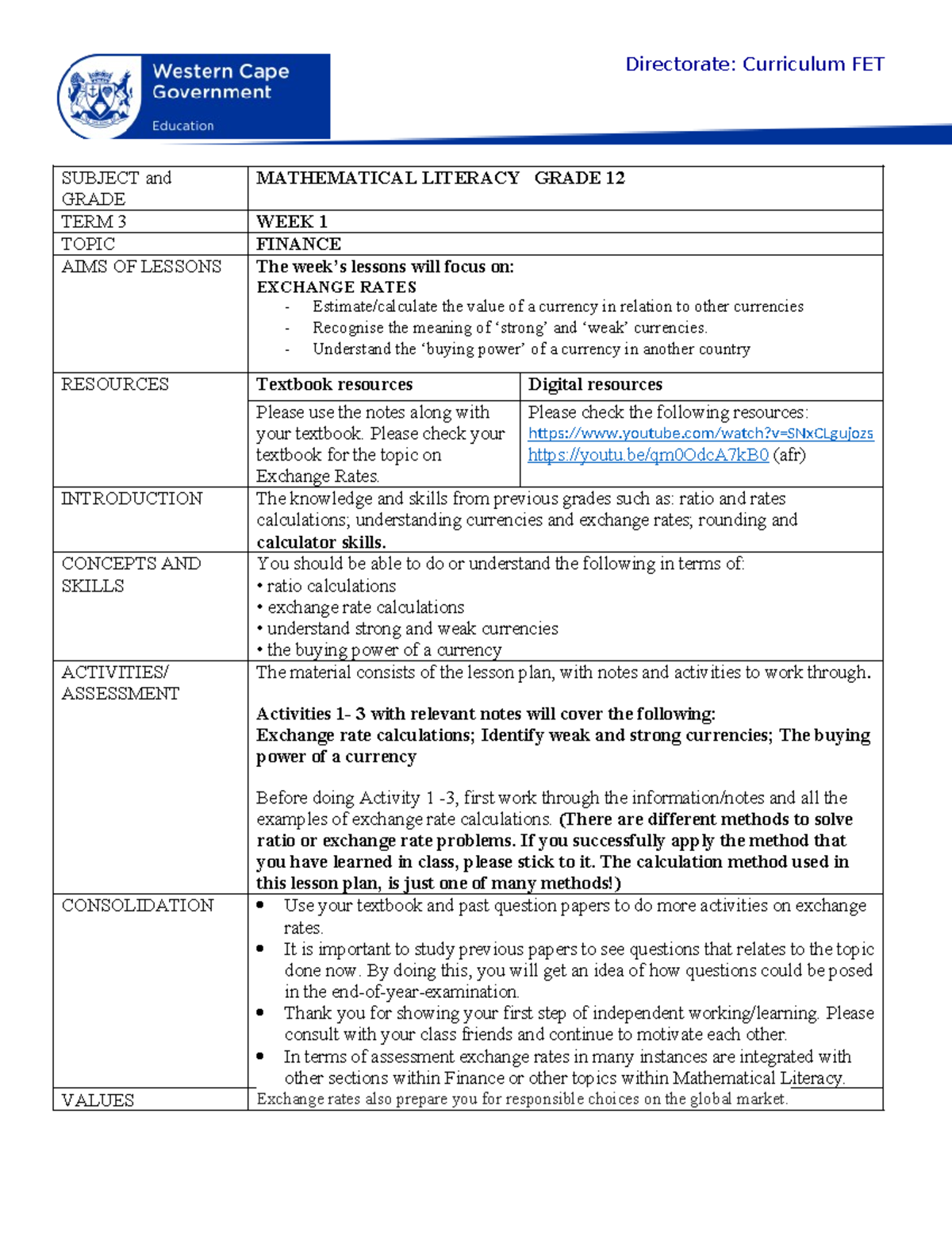 Grade 12 Term 3 Week 1 - SUBJECT and GRADE MATHEMATICAL LITERACY GRADE ...
