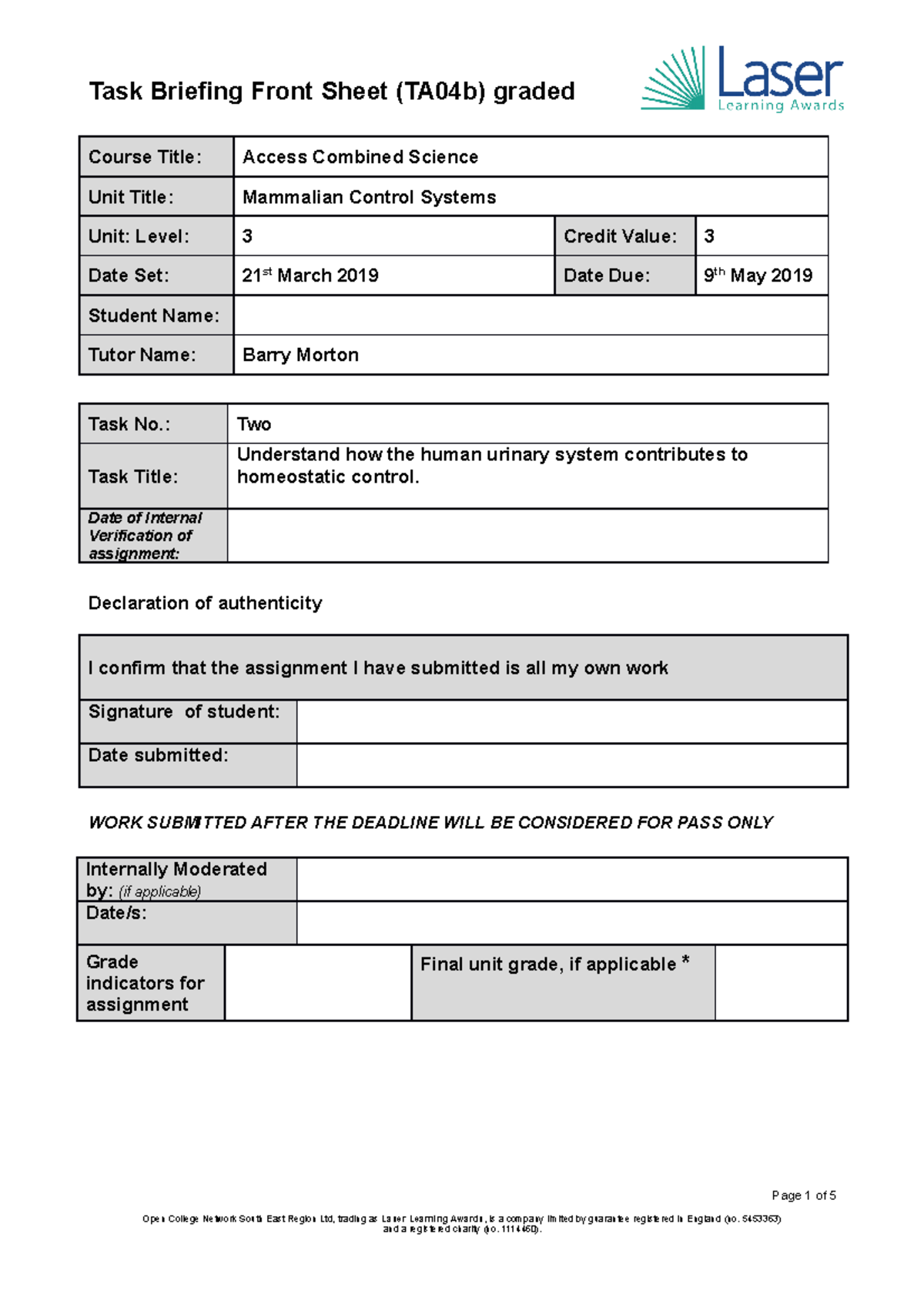 Mammalian Control Systems Assignment two - Task Briefing Front Sheet ...