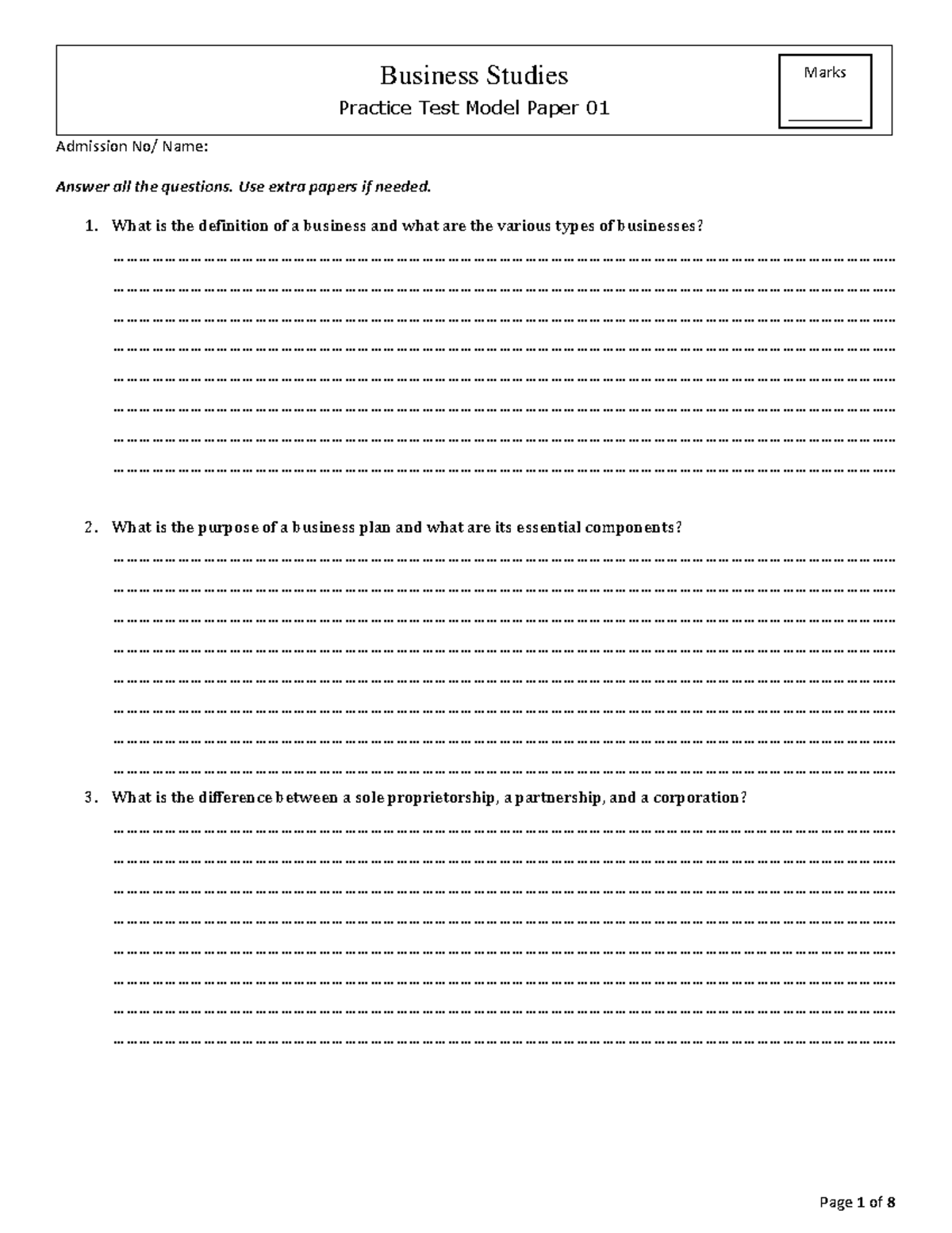 Business Studies Model Paper 1 - Admission No/ Name: Answer all the ...