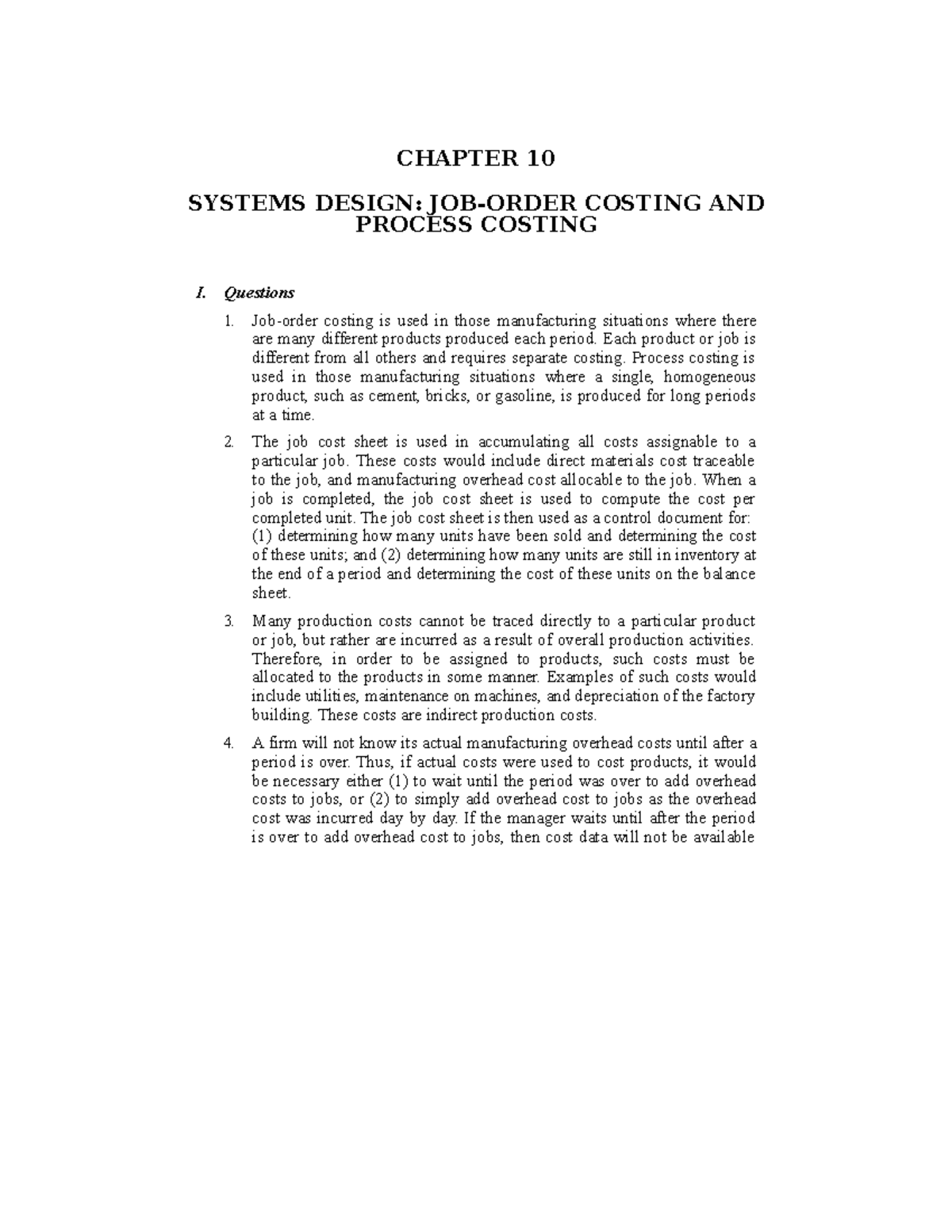 Chapter 10 Systems Design JOB- Order Costing AND Process Costing - CHAPTER 10 SYSTEMS DESIGN ...