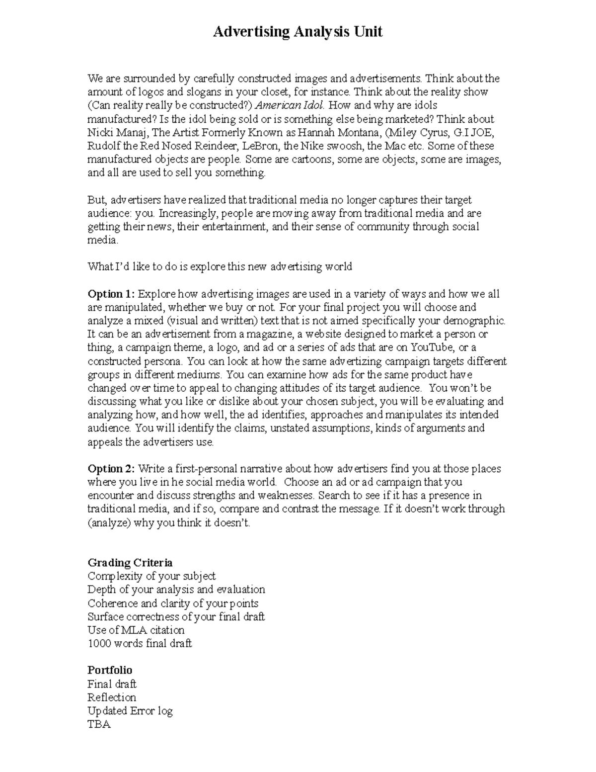 Revisied Advertising Analysis Unit Fall - Advertising Analysis Unit We ...