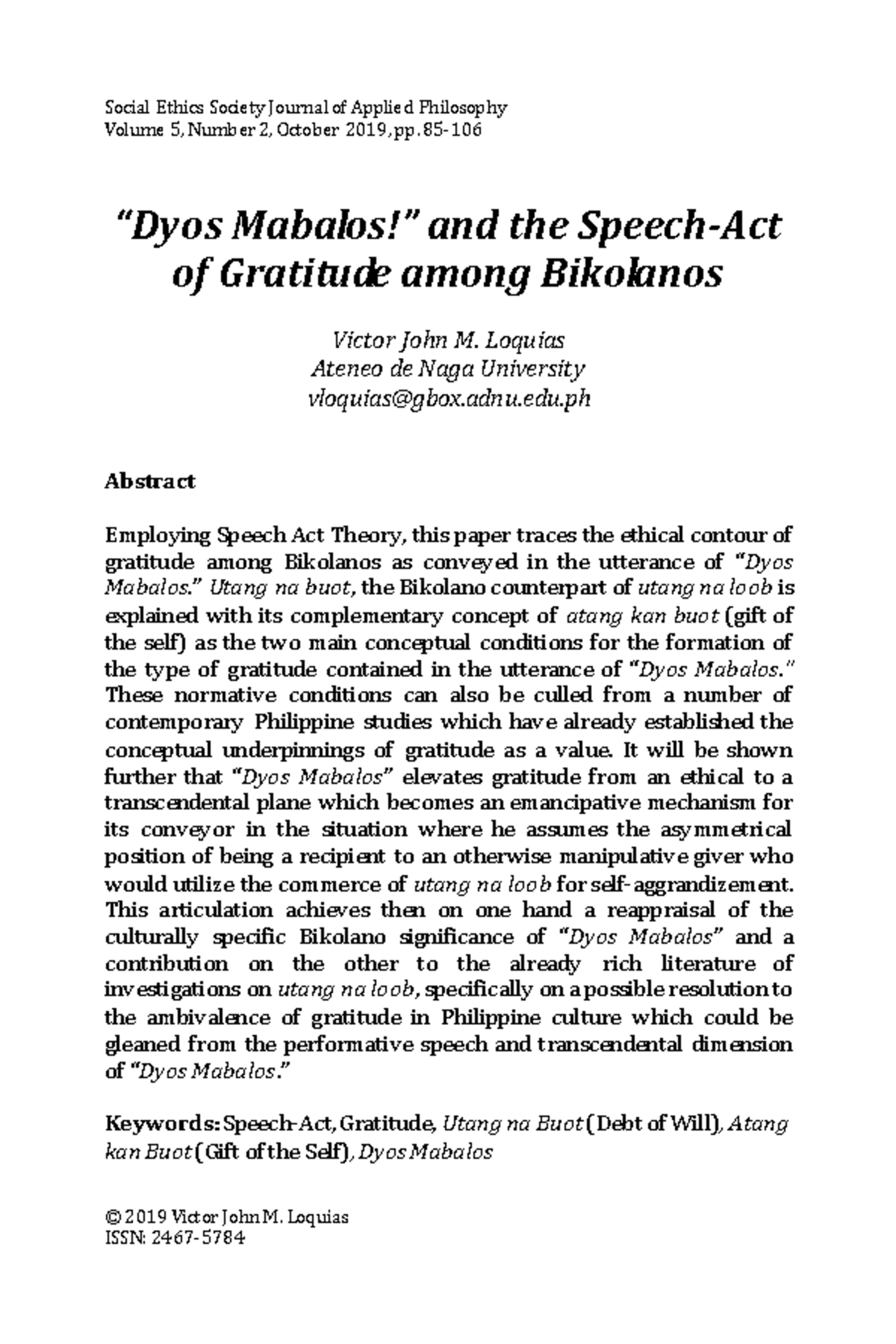 Dyos Mabalos and the Speech Act of Gratitude Among Bikolanos - Social ...