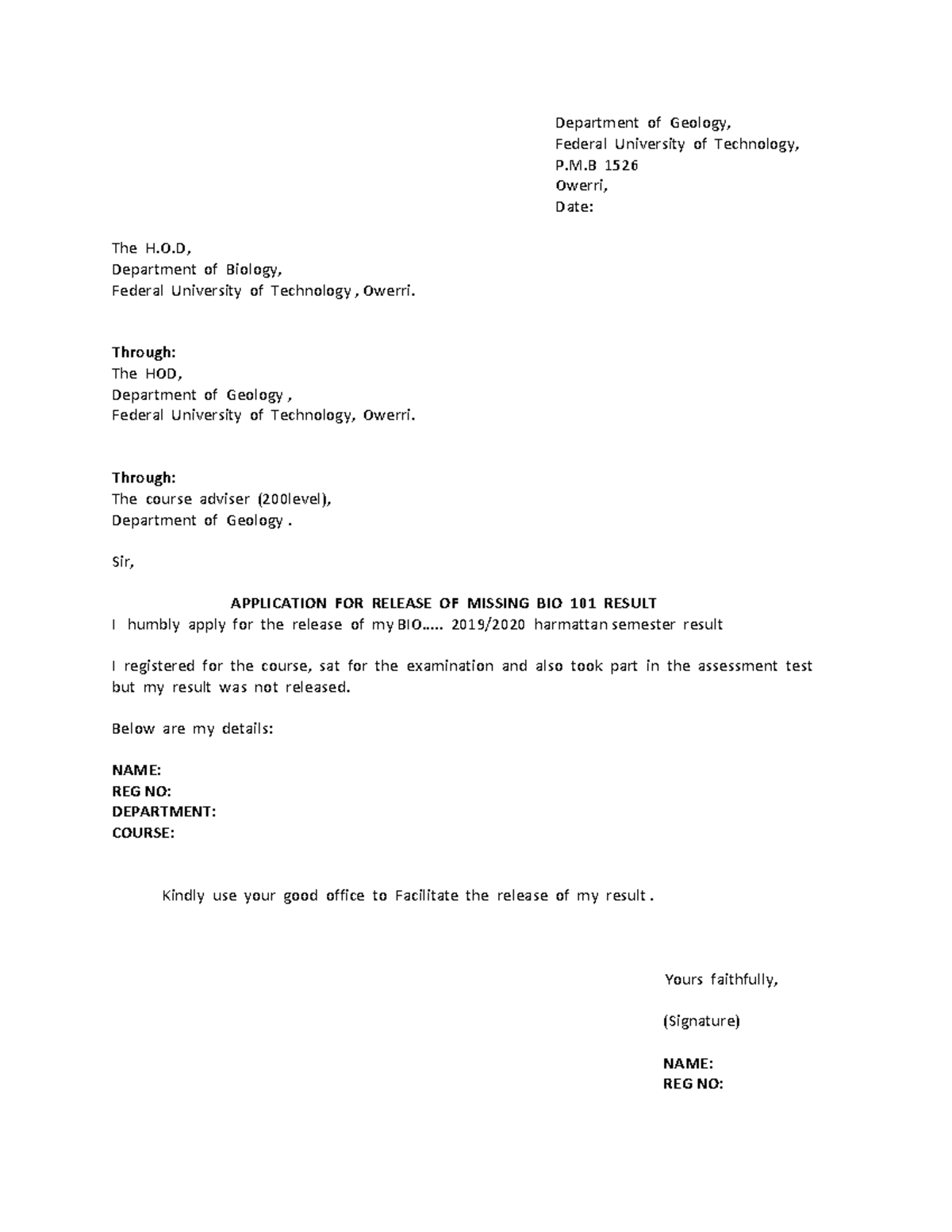Letter TO HOD - Department of Geology, Federal University of Technology ...