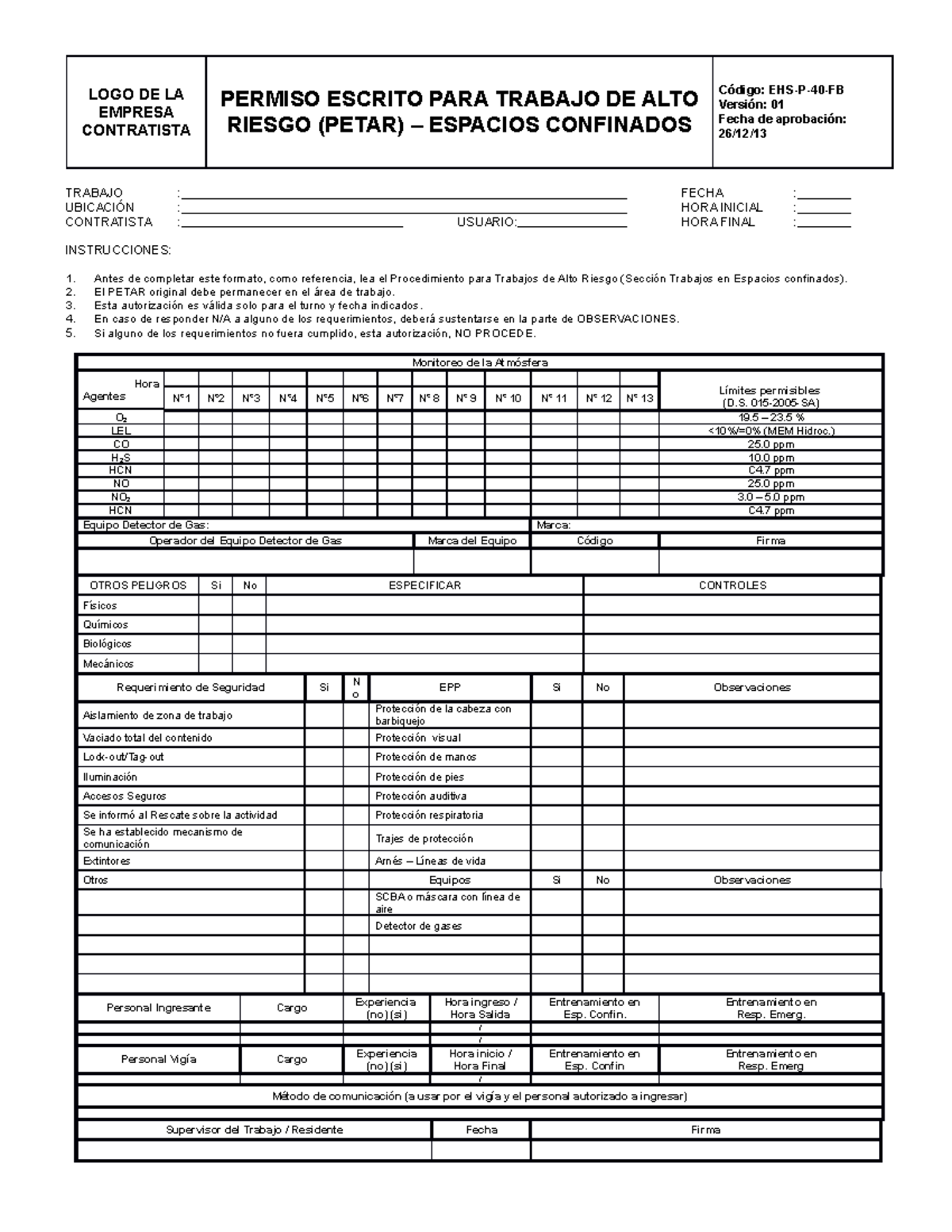 EHS-P-40-FB Permiso Escrito Trabajos Alto Riesgo Petar-Espacios Confinados - LOGO DE LA EMPRESA ...