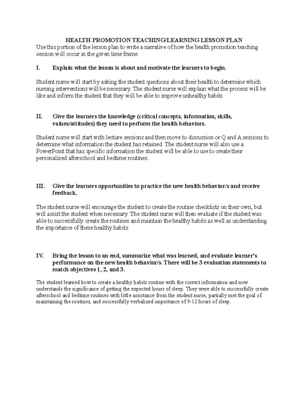 Lesson PLAN CHRA - HEALTH PROMOTION TEACHING/LEARNING LESSON PLAN Use ...