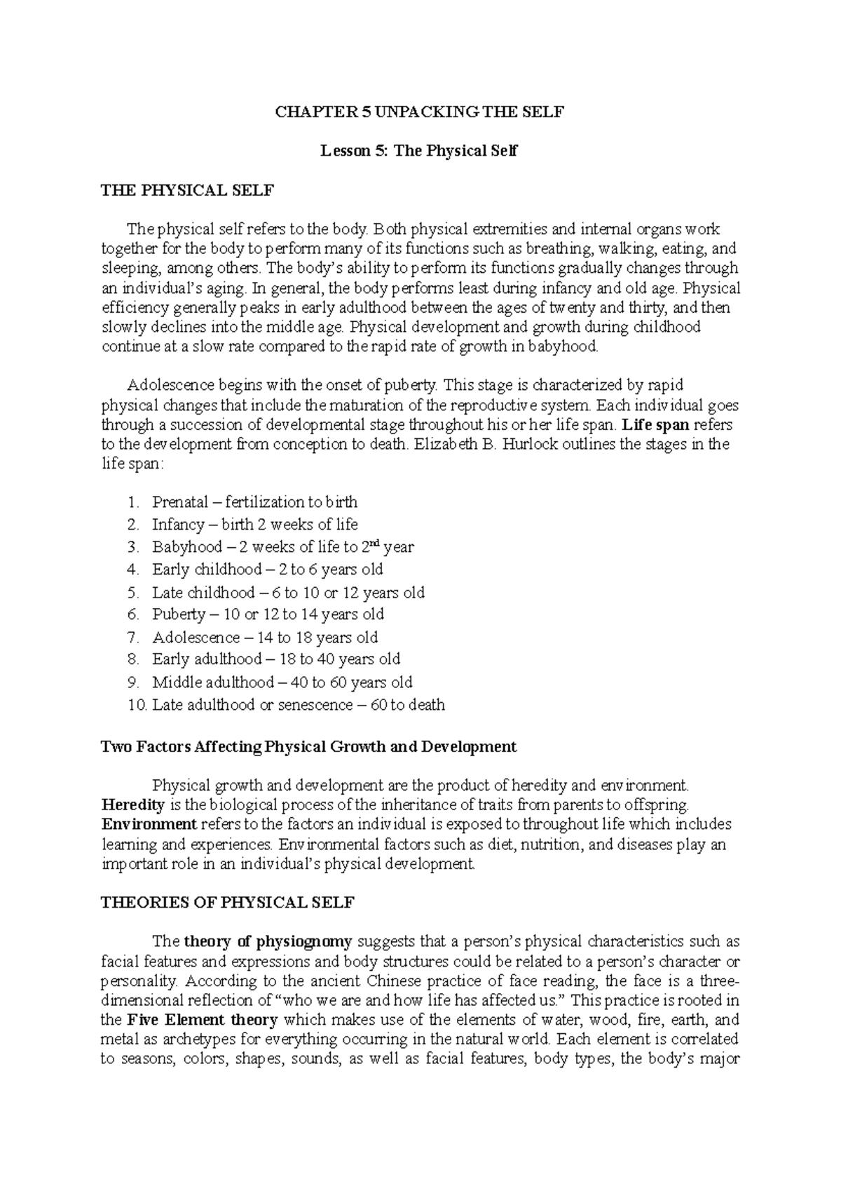 Understanding the Self Module 5 - CHAPTER 5 UNPACKING THE SELF Lesson 5: The Physical Self THE ...