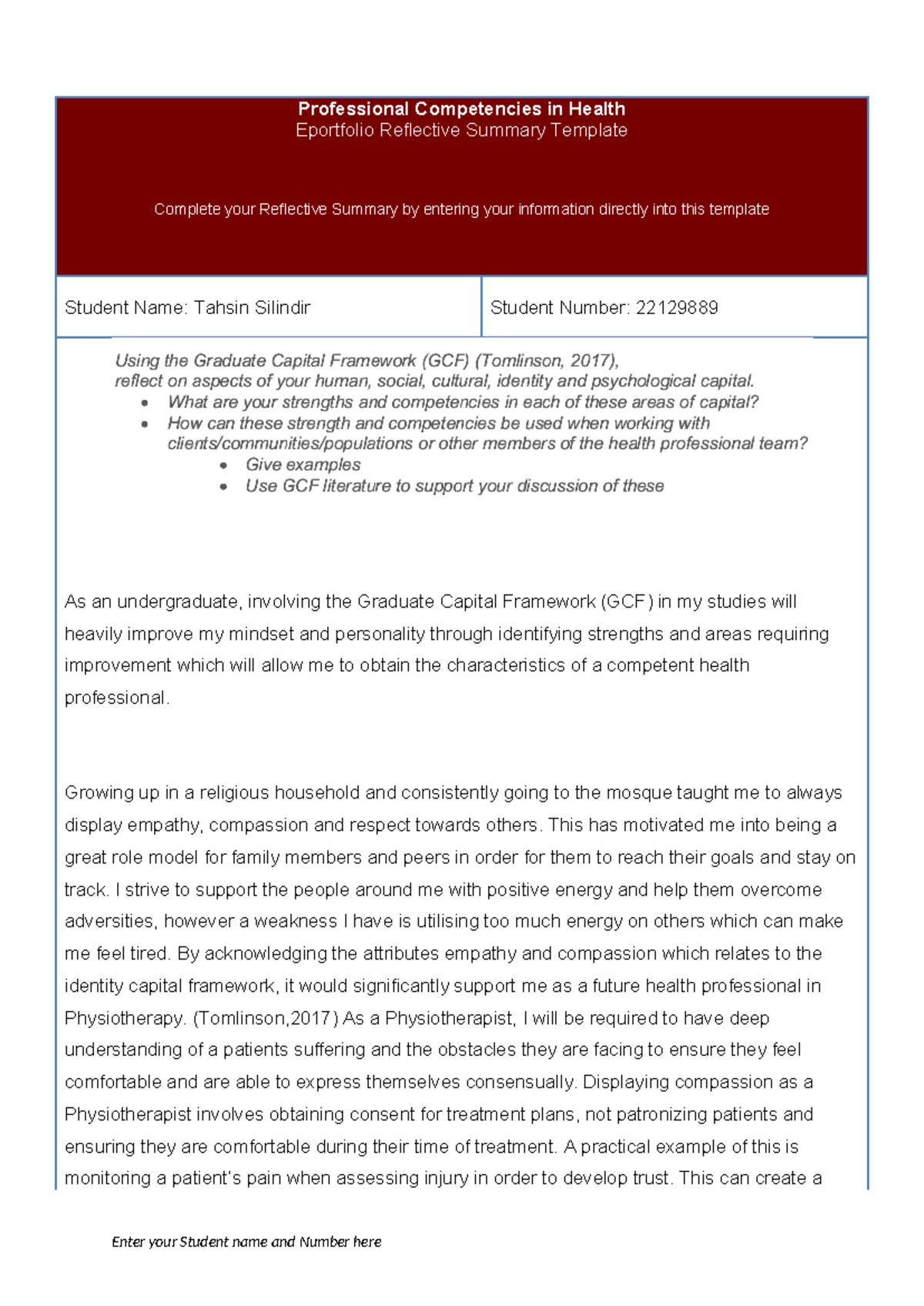 Reflective Summary template 050821 - Professional Competencies in ...