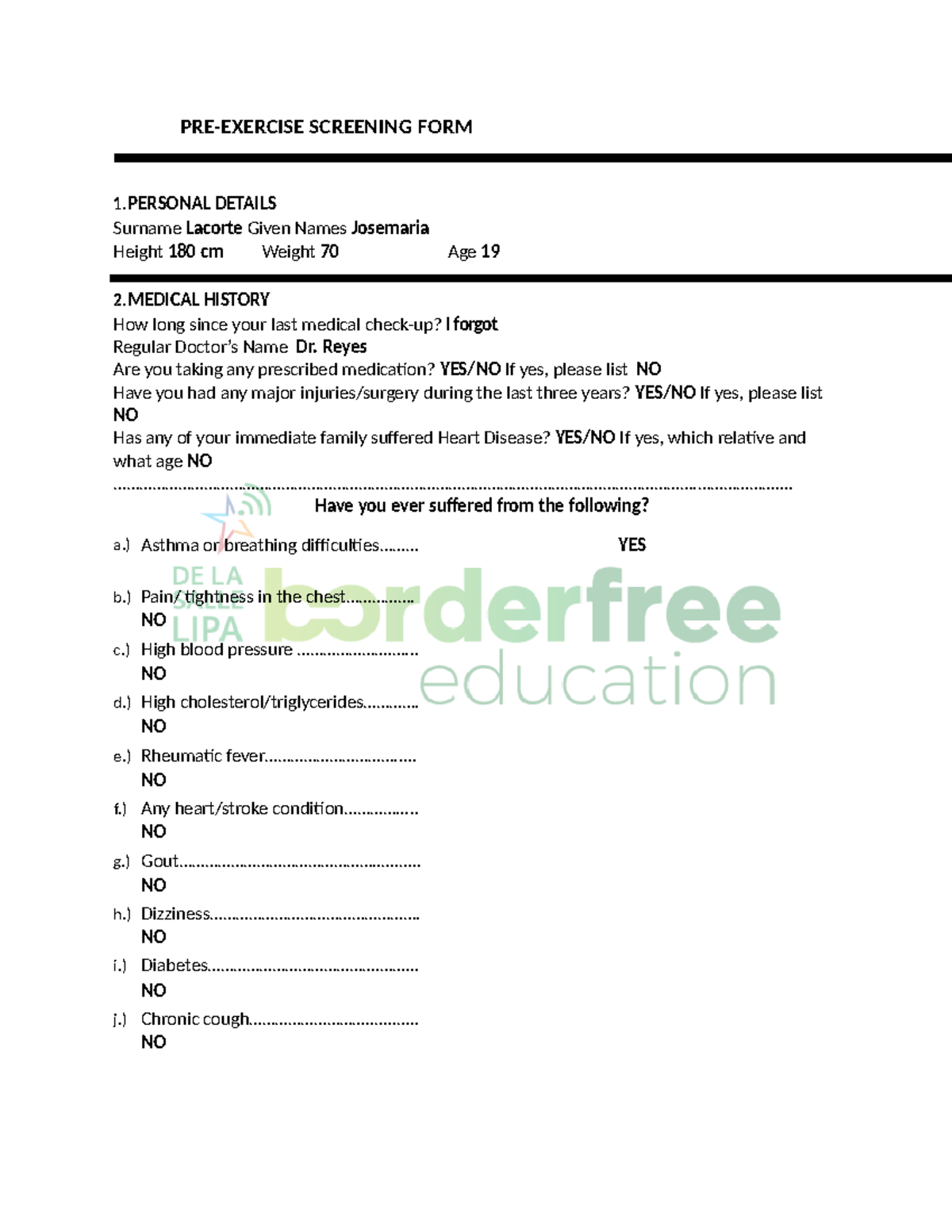 Pre screening Form-converted essay form - PRE-EXERCISE SCREENING FORM 1 ...