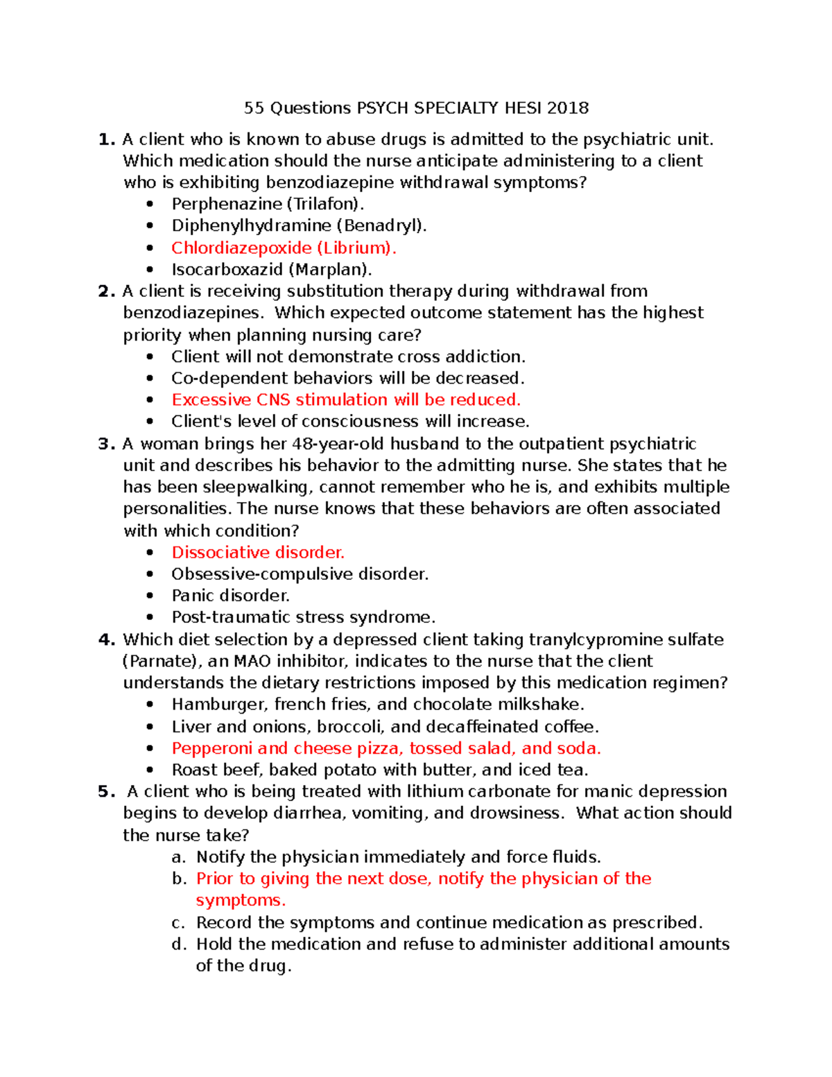 2018 Mental Health Psych 55 Questions - 55 Questions PSYCH SPECIALTY ...