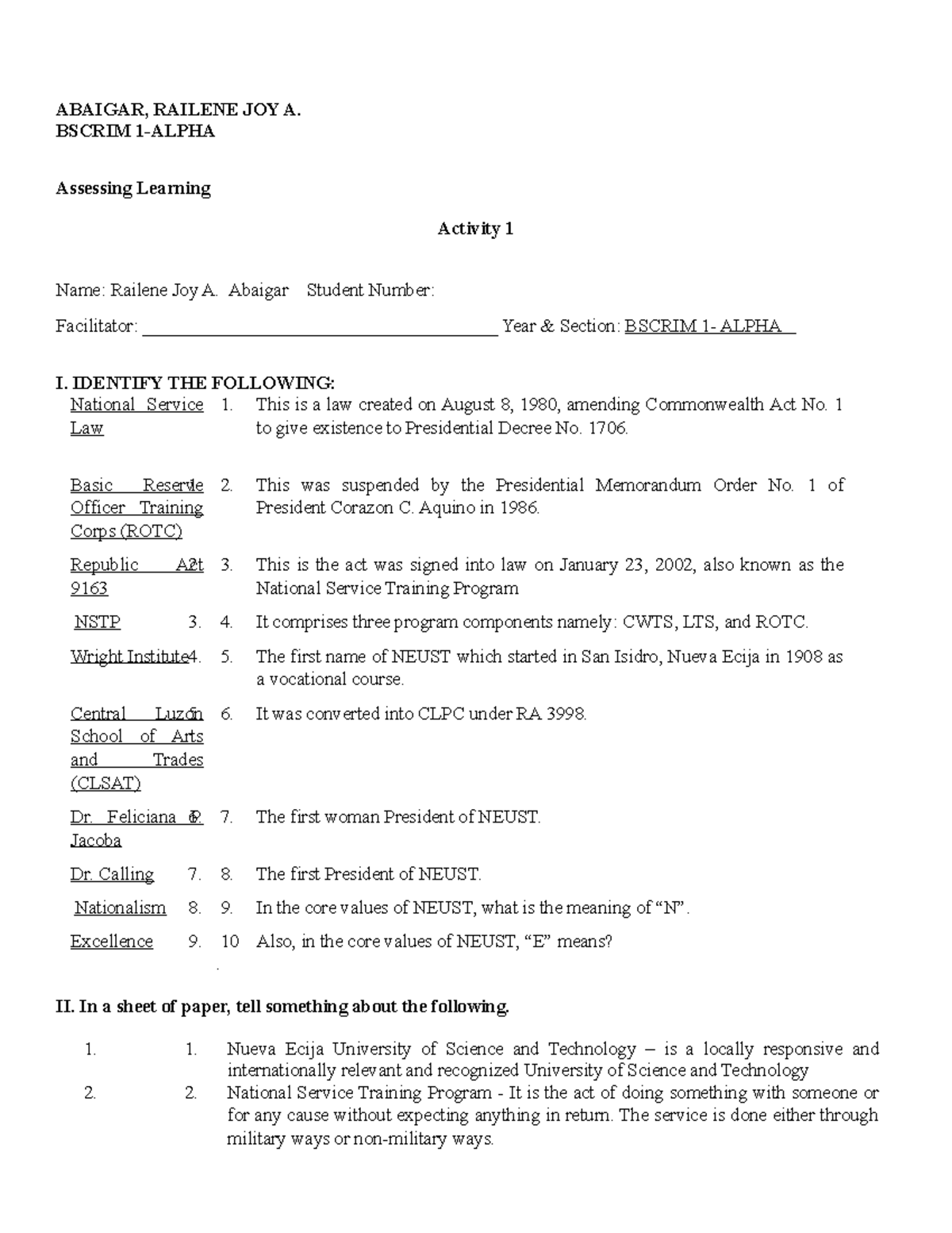 Railene-ROTC - Activity - ABAIGAR, RAILENE JOY A. BSCRIM 1-ALPHA Assessing Learning Activity 1 ...