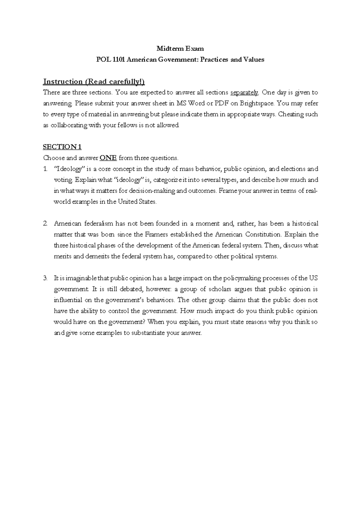 Midterm Question Paper - Midterm Exam POL 1101 American Government ...