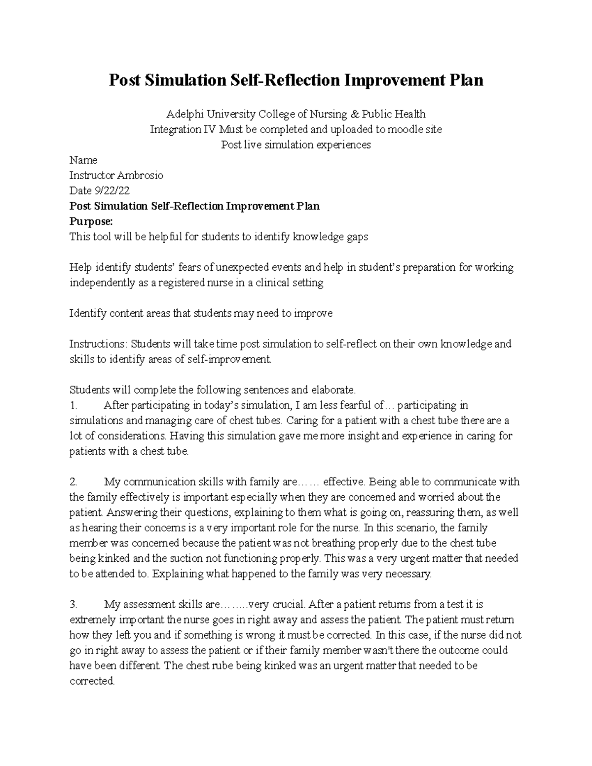 Post Simulation Self-Reflection Improvement Plan-2 - Students will ...