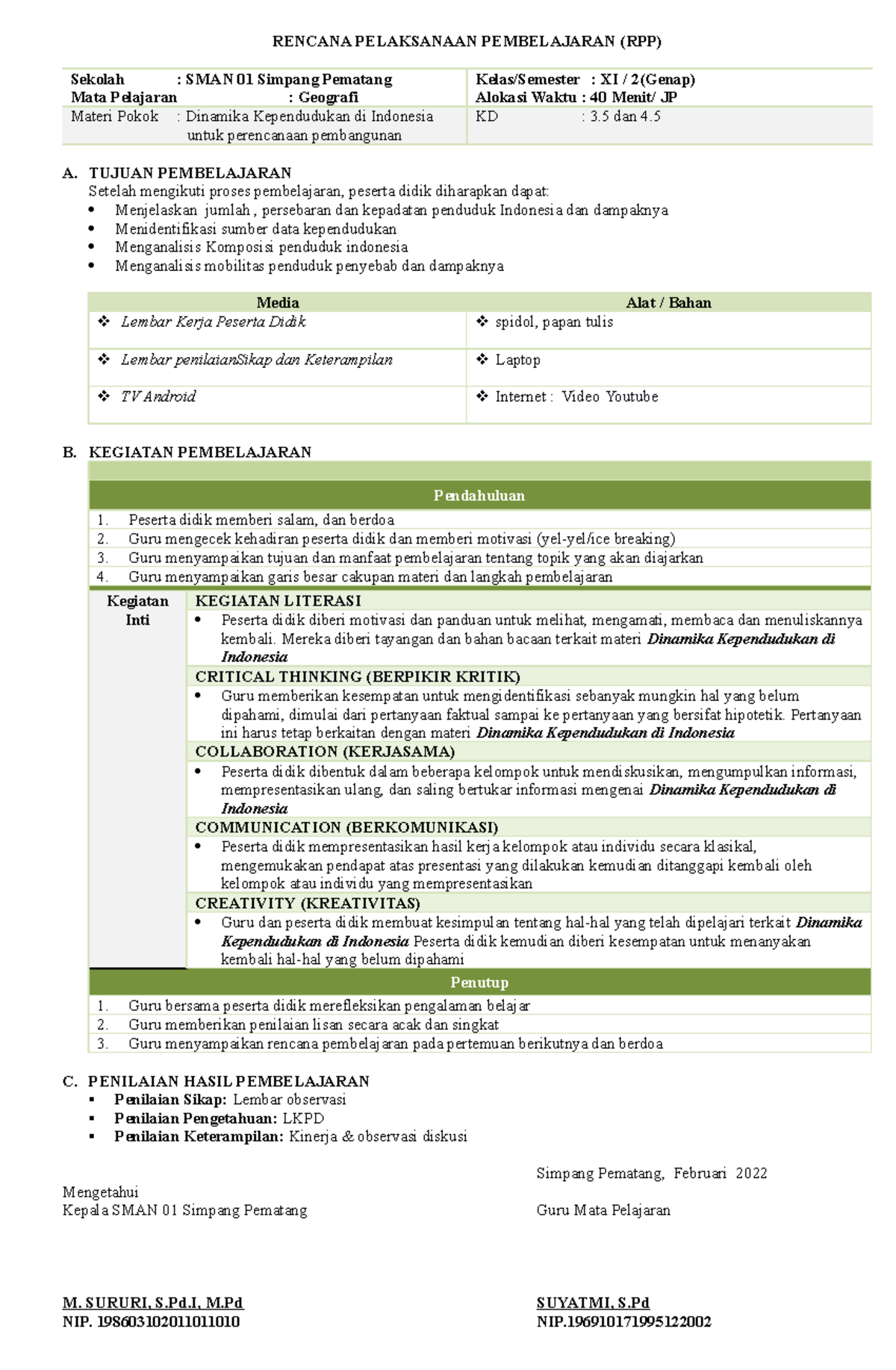 RPP Geografi Kelas XI - RENCANA PELAKSANAAN PEMBELAJARAN (RPP) Sekolah ...