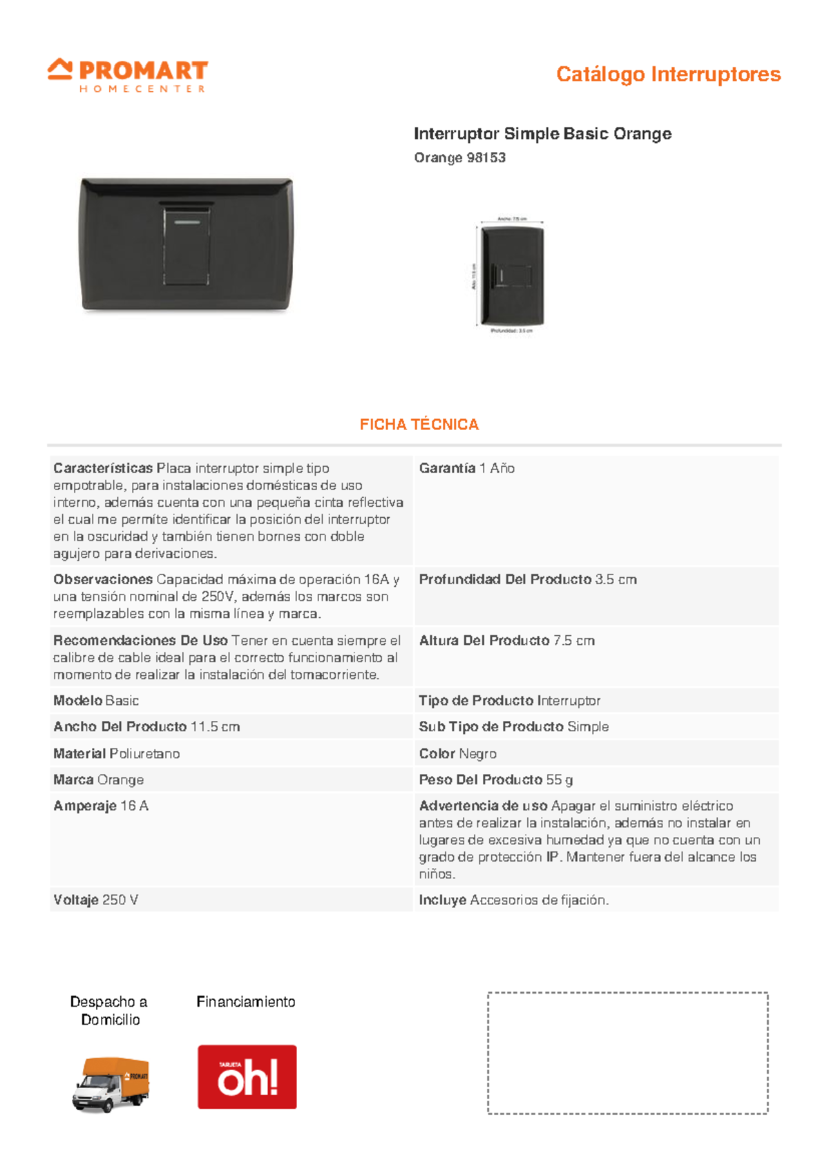 Promart - SER - Catálogo Interruptores Interruptor Simple Basic Orange Orange 98153 FICHA ...
