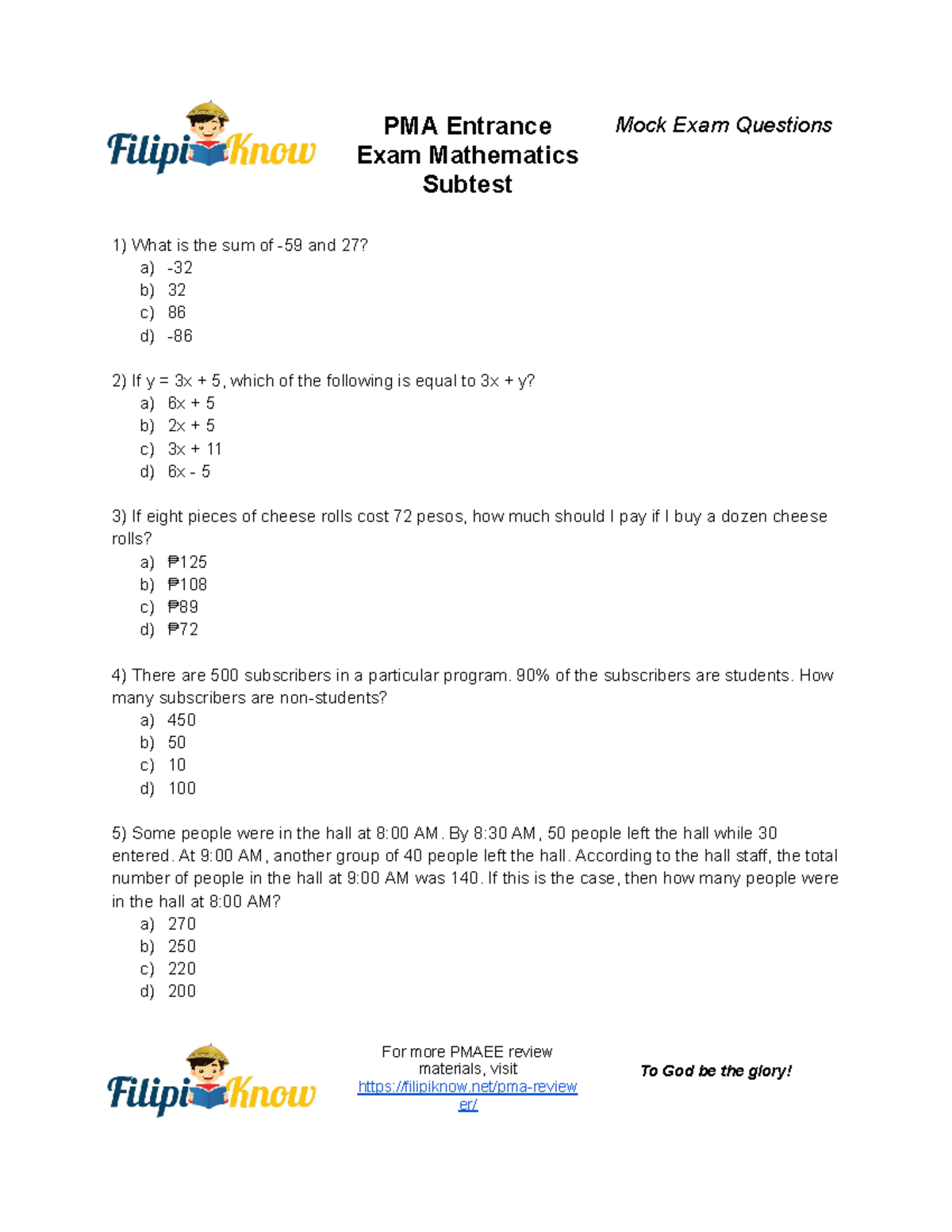 PMA Entrance Exam Mathematics Mock Exam Questions - PMA Entrance Exam ...