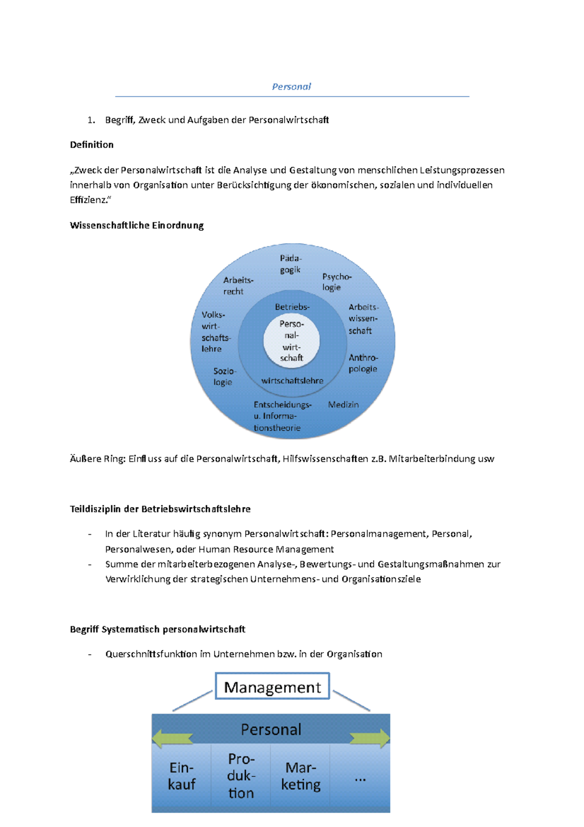Zusammenfassung Personal - Personal Begriff, Zweck und Aufgaben der ...