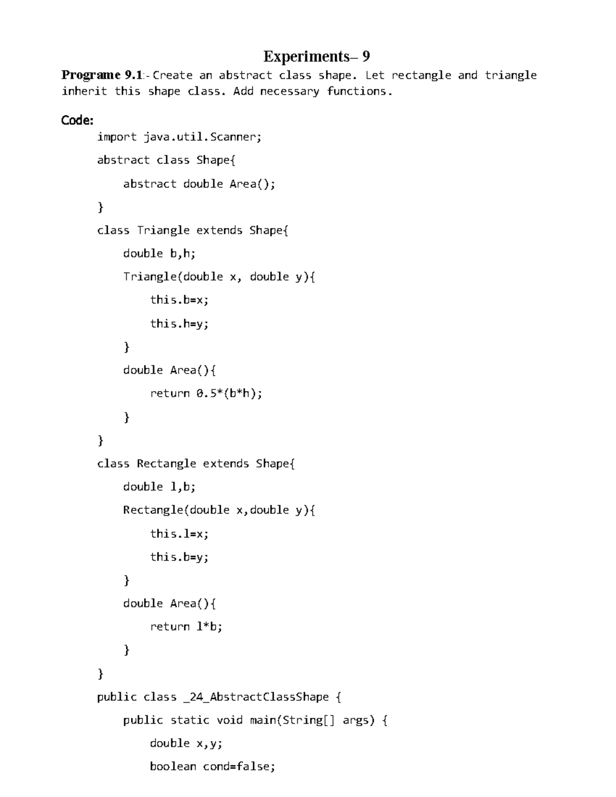 Java File 2 Experiments 9 Programe 9 Create An Abstract Class