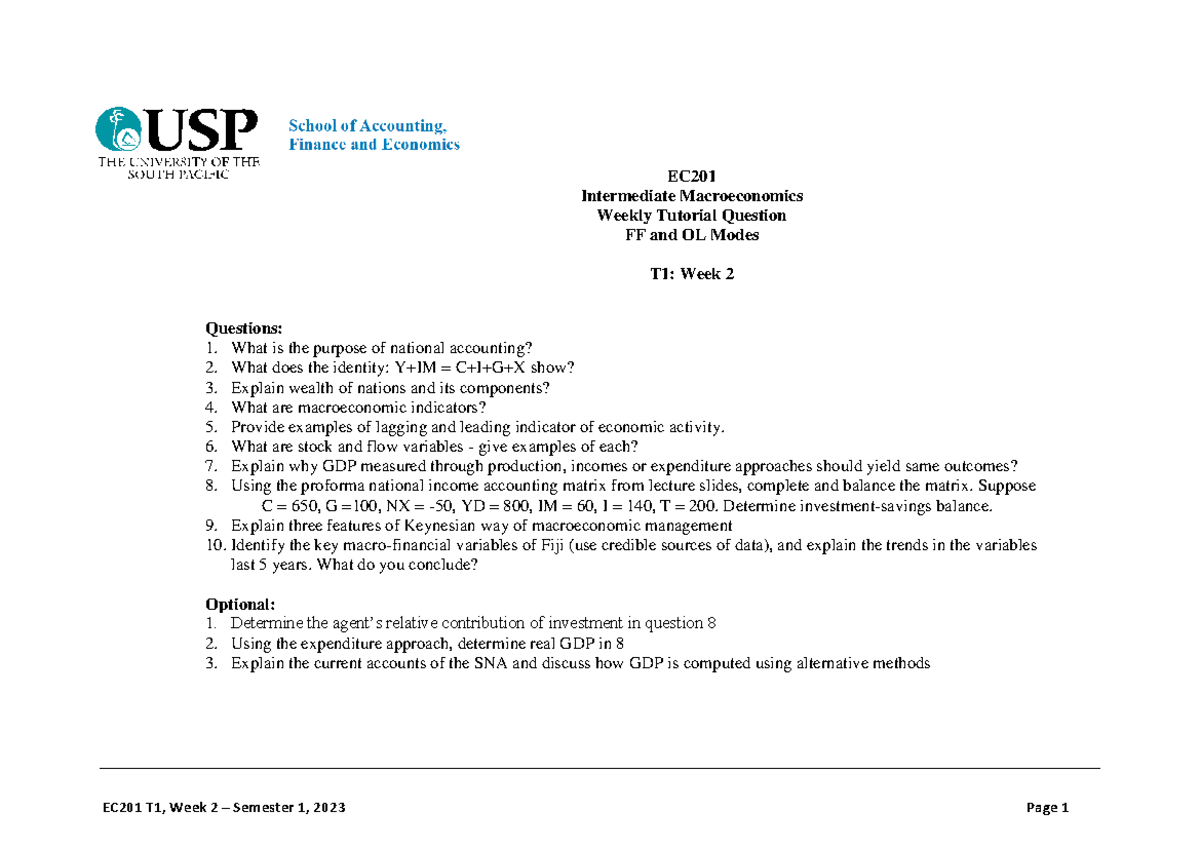 EC201 Tutorial 2 Week 2 - EC Intermediate Macroeconomics Weekly Tutorial Question FF and OL ...