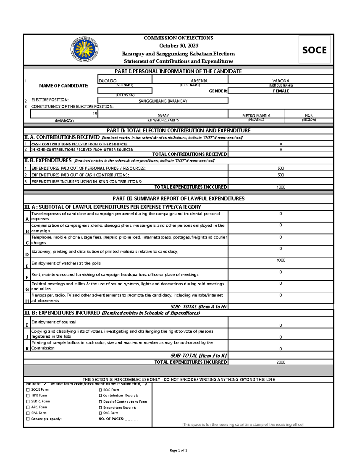 Arsenia Ducado SOCE2023FORM1 - 1 DUCADO ARSENIA (SURNAME) (FIRST NAME ...