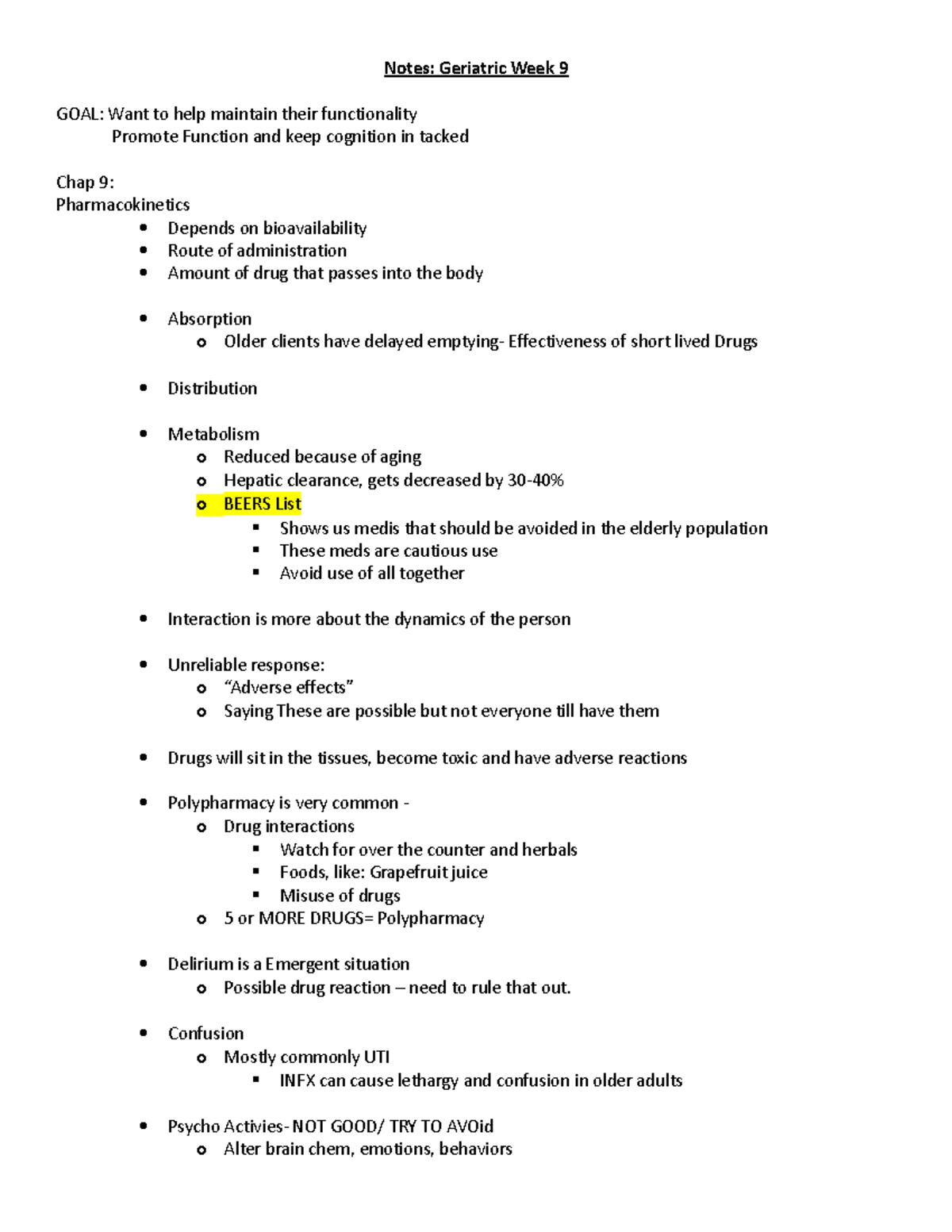 Geri wk 9 Notes in Class - Geriatric - Notes: Geriatric Week 9 GOAL ...