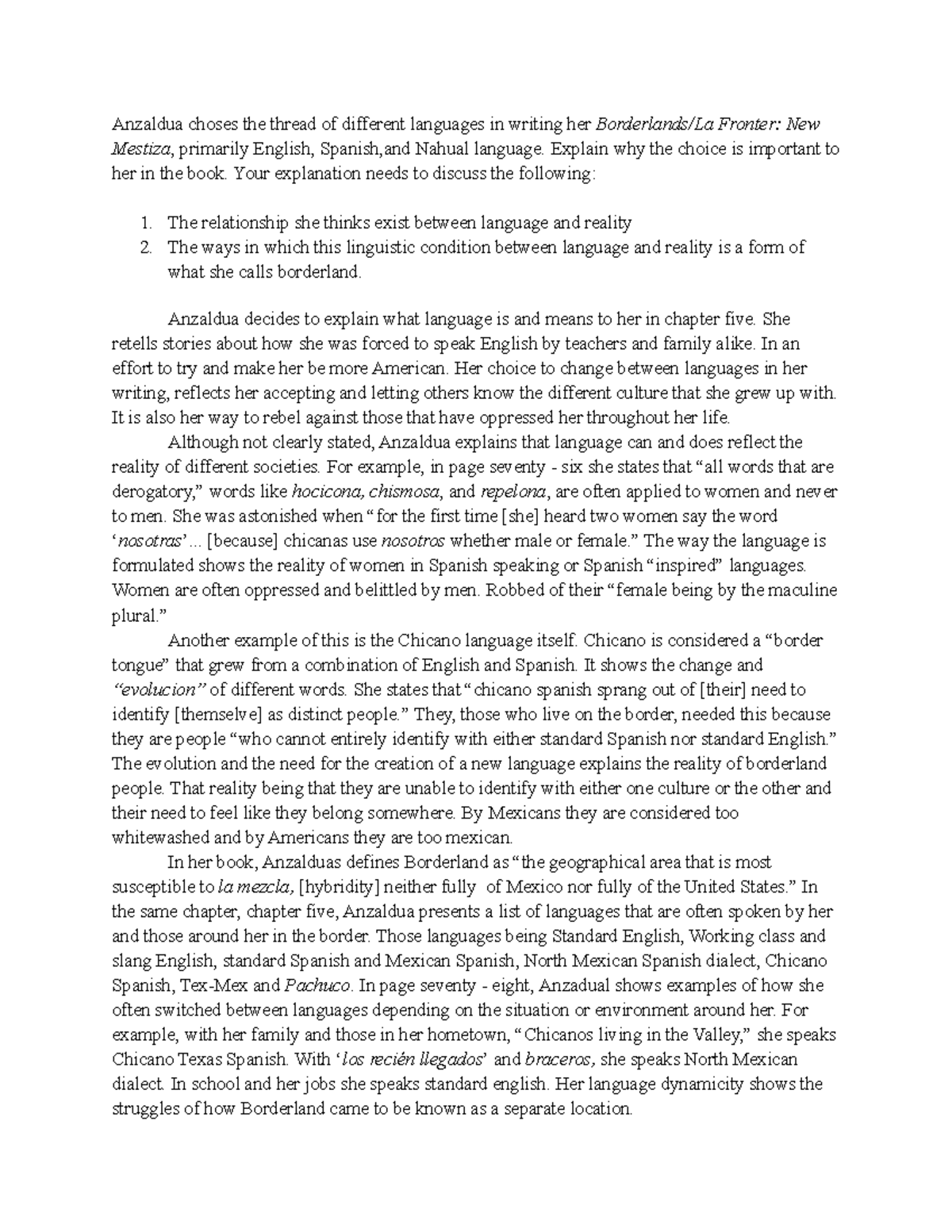 Phil Questions - Anzaldua choses the thread of different languages in ...